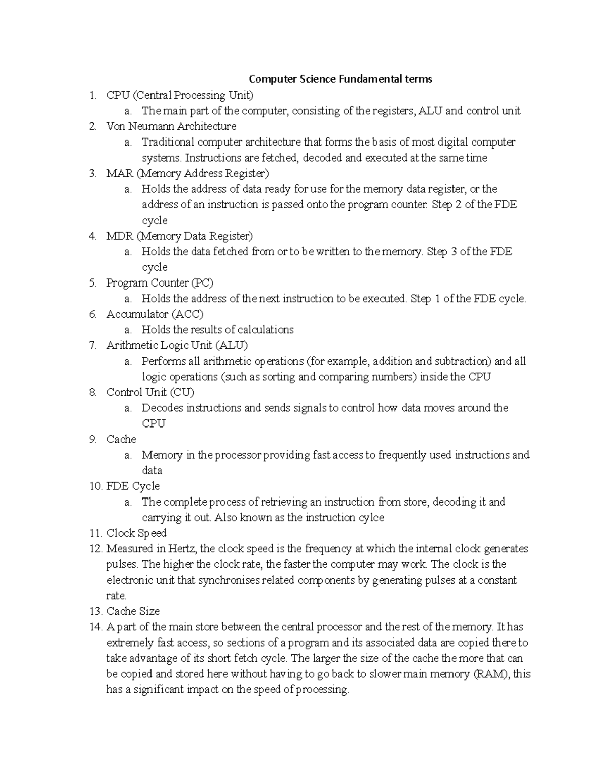 Comp Sci Fundamental terms 1 - Computer Science Fundamental terms CPU ...