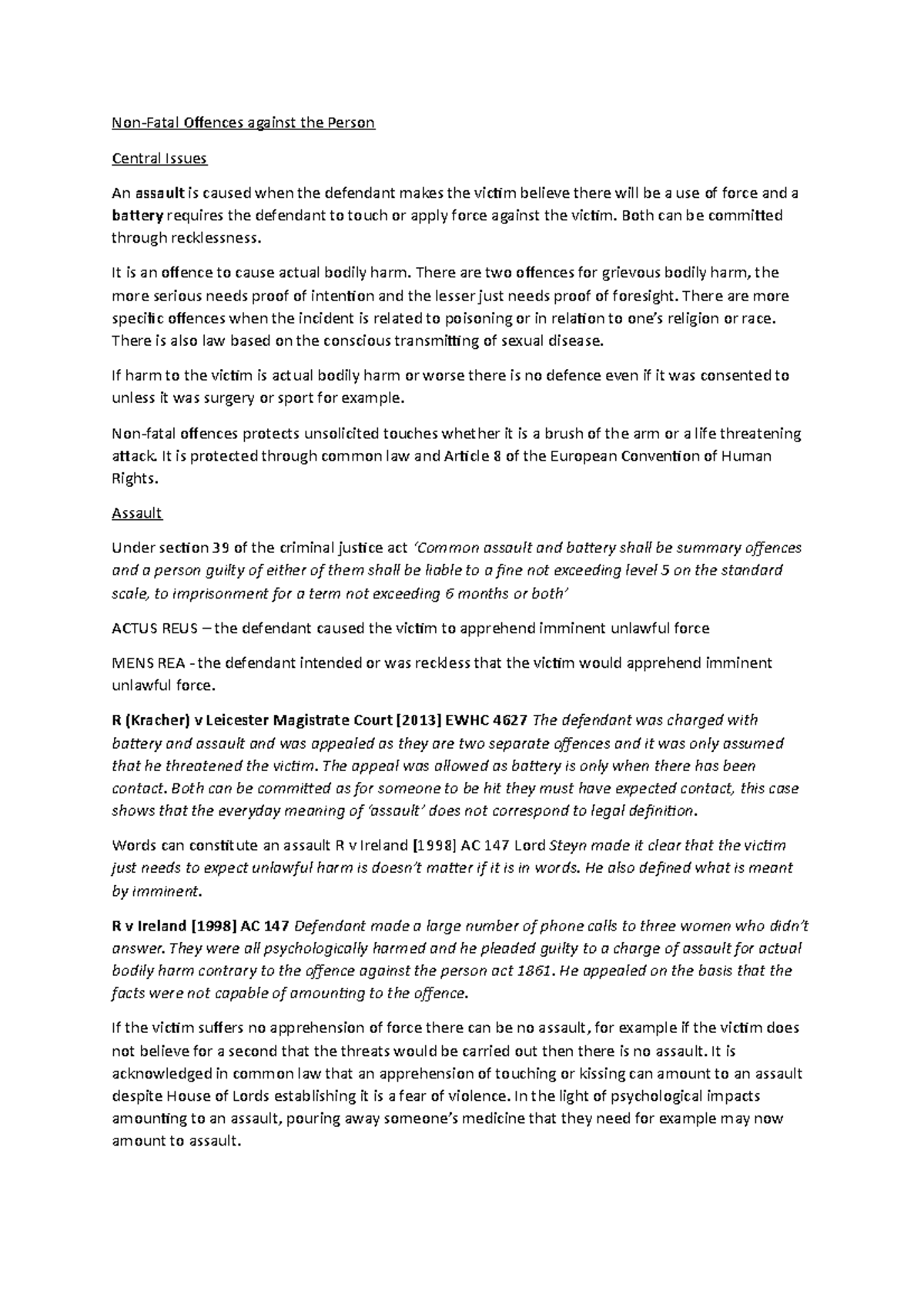 Non Fatal Offences Notes - Non-Fatal Ofences against the Person Central ...