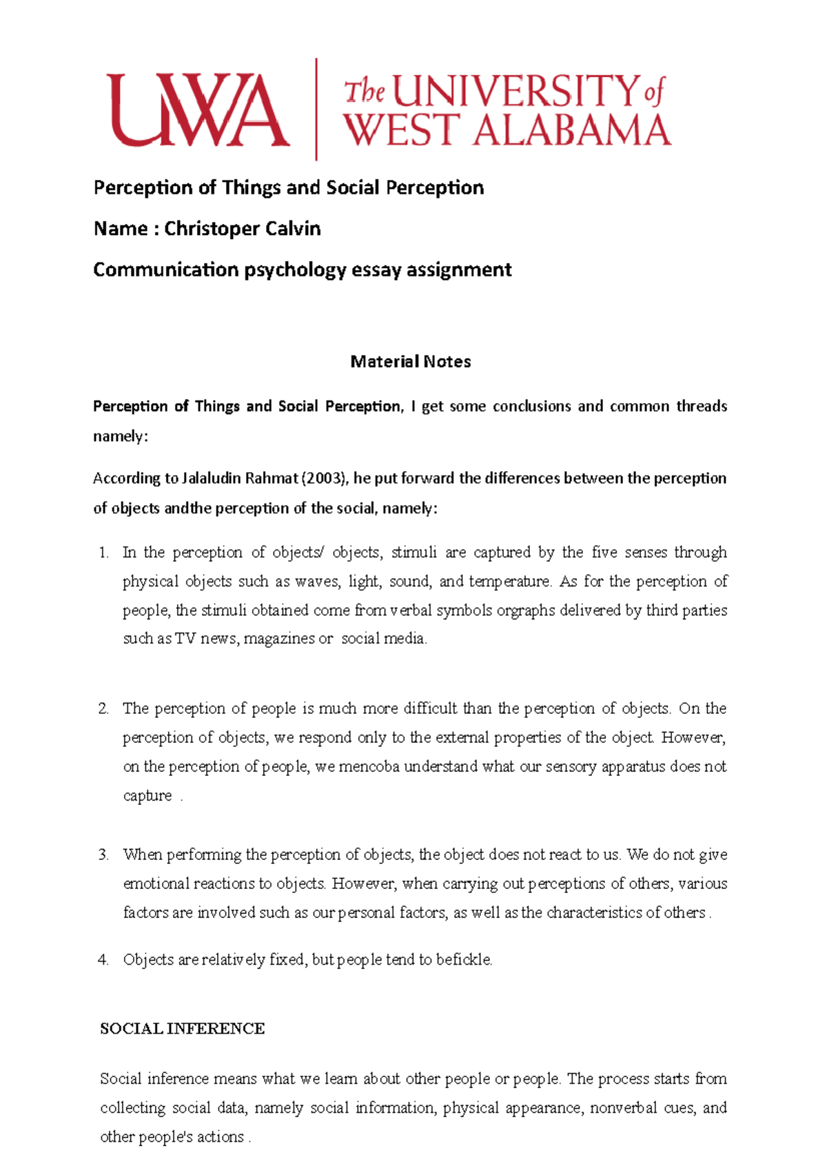 Communication psychology essay assignment material perception of things and social perception ...