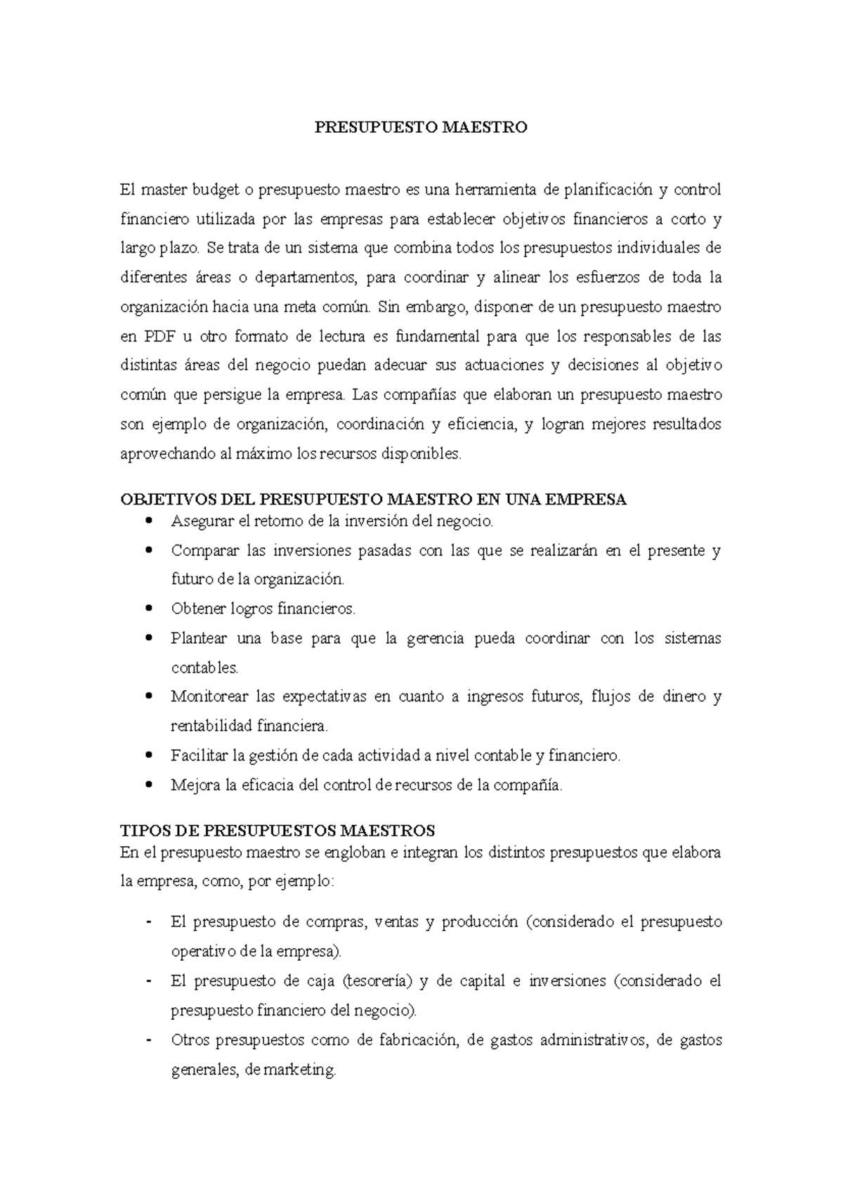 Presupuesto Maestro Resumen - PRESUPUESTO MAESTRO El master budget o ...