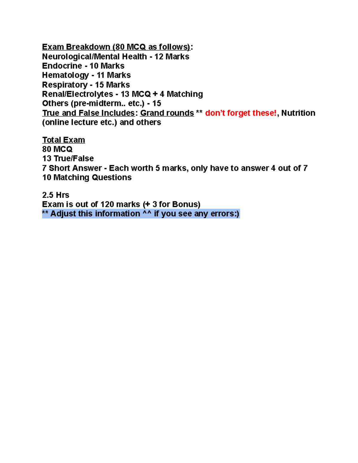 Patho Super 7's : Exam Review - Exam Breakdown (80 MCQ as follows ...
