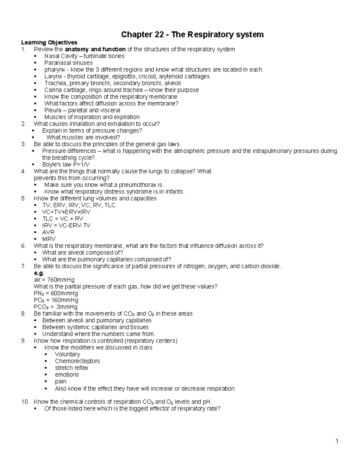 Ch 22 - Respiratory System (Sylabus) - Chapter 22 - The Respiratory ...