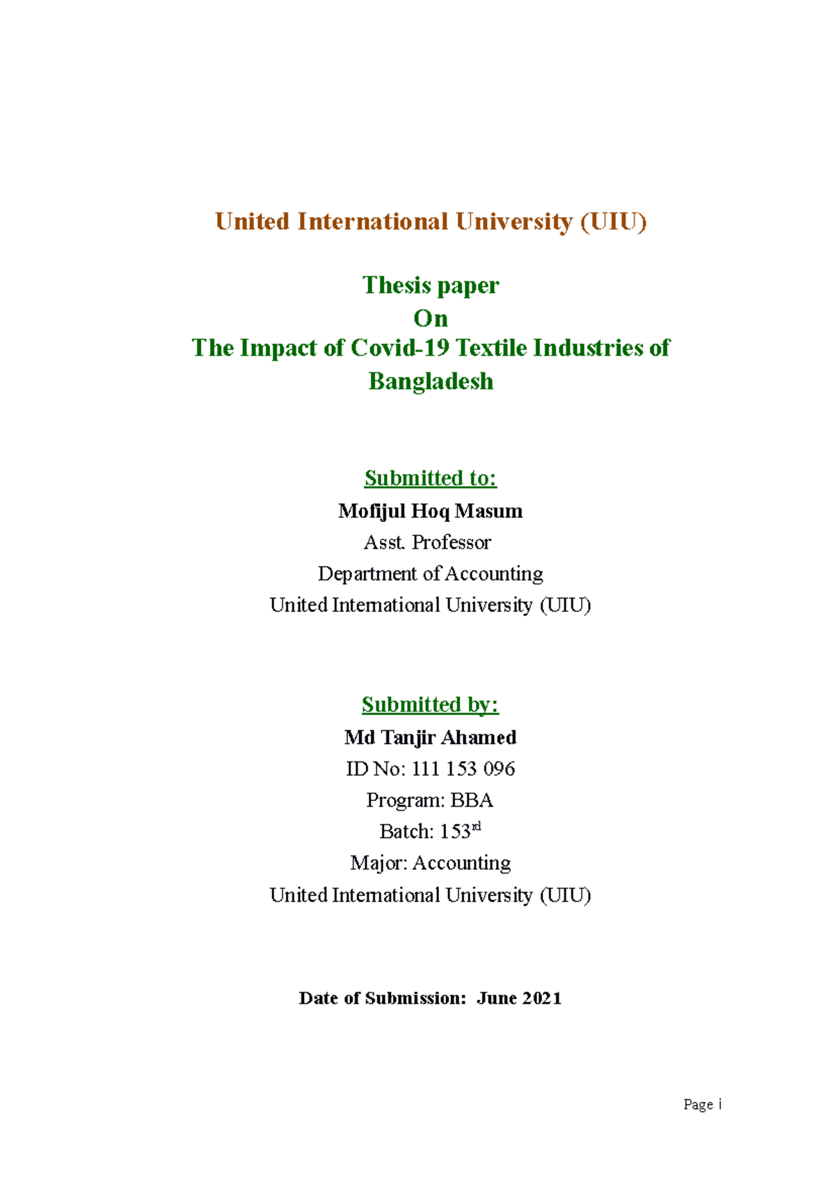 The Impect Of Covid 19 On Textile industry - United International University (UIU) Thesis paper ...
