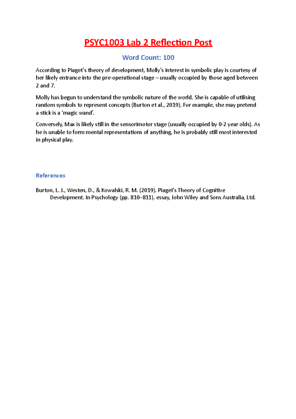 PSYC1003 Lab 2 Reflection Post - Molly has begun to understand the ...