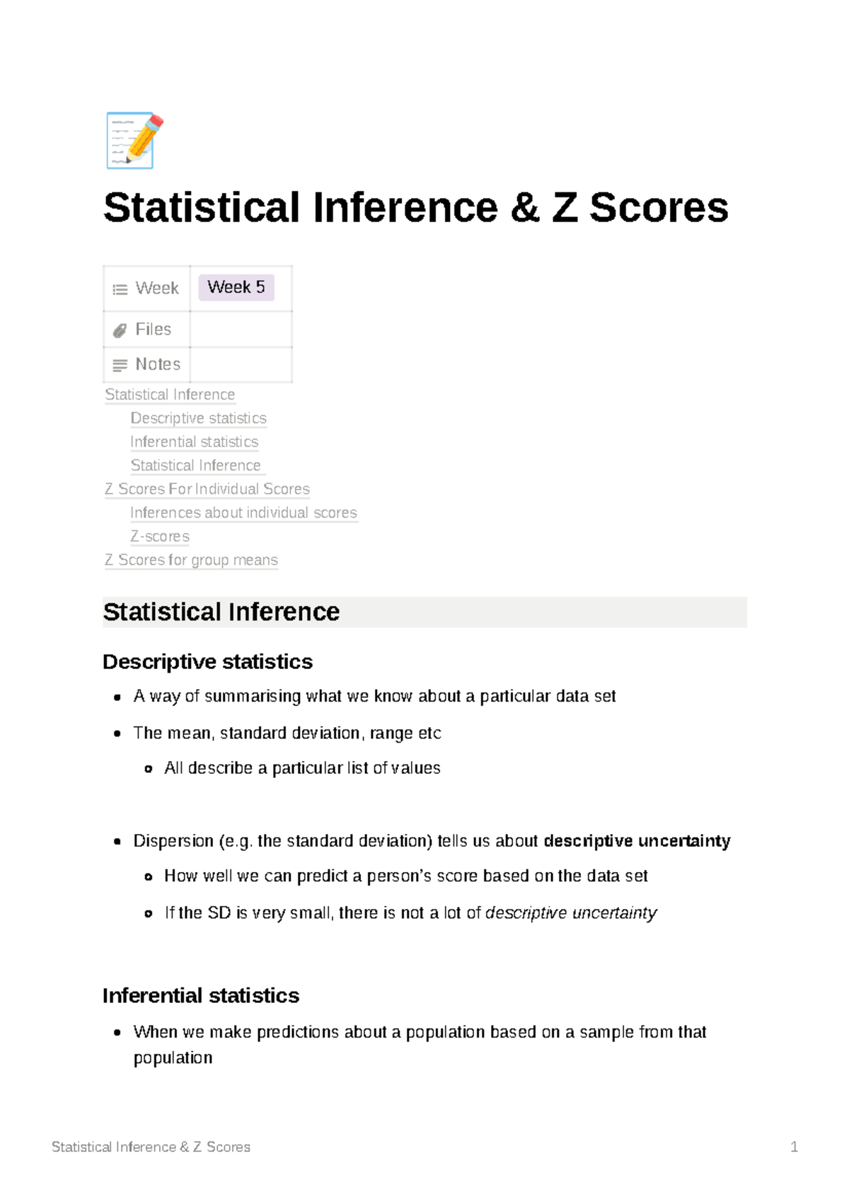 Statistical Inference Z Scores Ë Statistical Inference And Z Scores Week Week 5 Files Notes