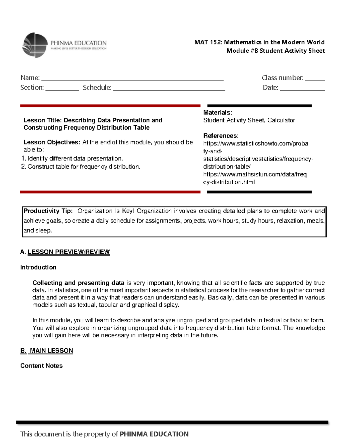 SAS08-MAT-152 Data-Presentation-and-FDT - Module #8 Student Activity ...