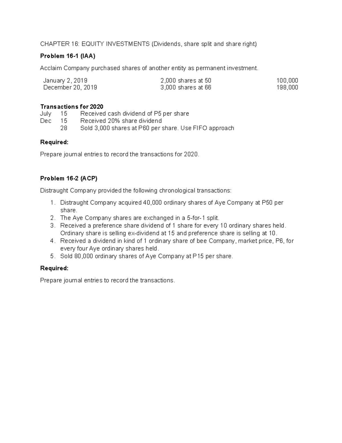 IA1 Chapter 16 - Accounting - CHAPTER 16: EQUITY INVESTMENTS (Dividends ...