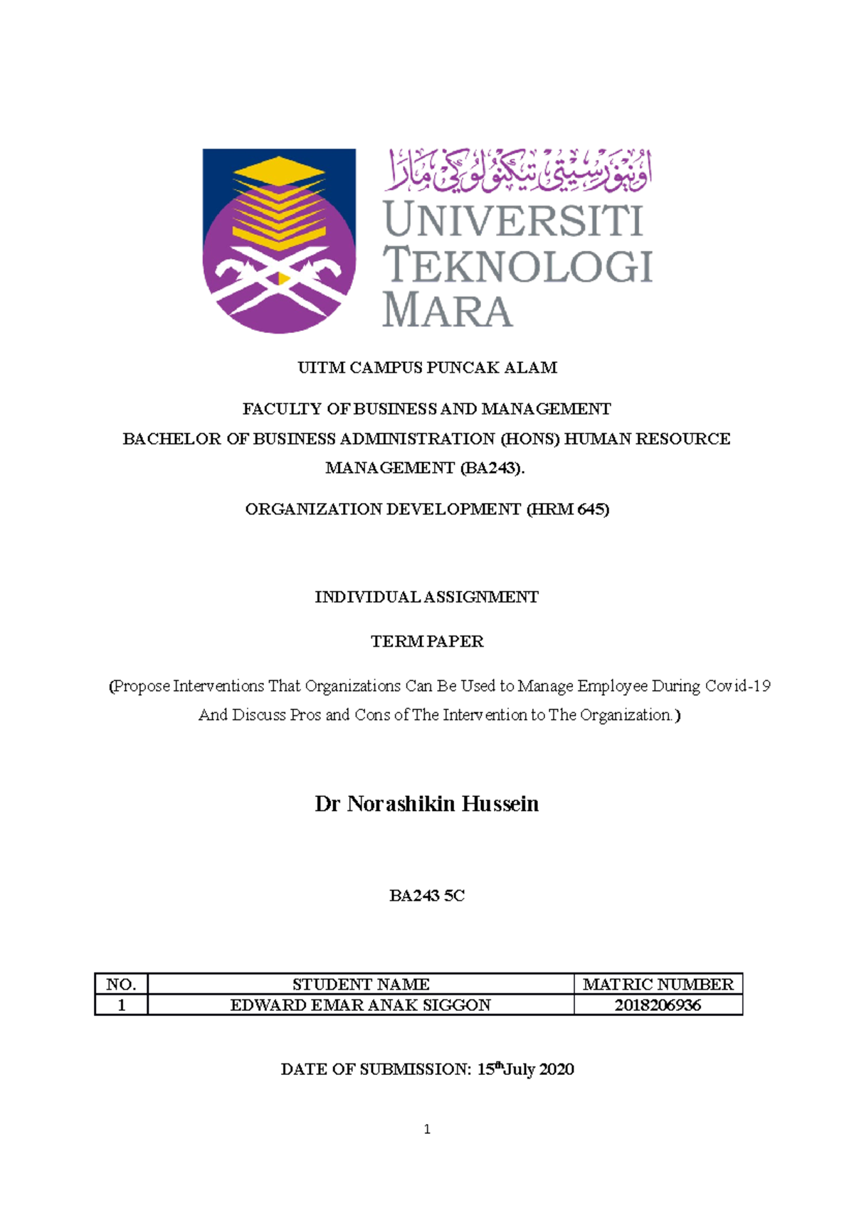 Edward Emar Siggon Term Paper - UITM CAMPUS PUNCAK ALAM FACULTY OF ...