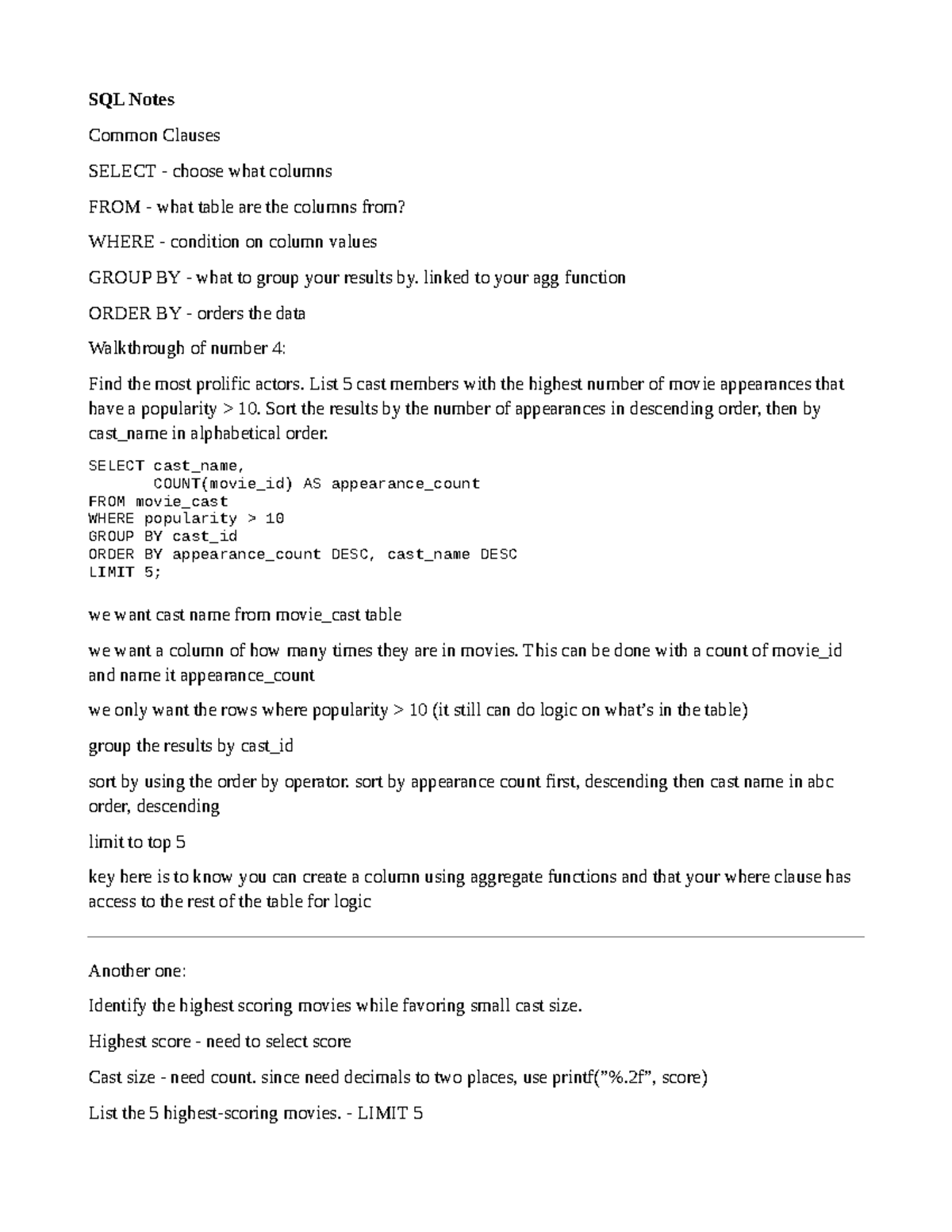 Cse6242 Sql Summary Notes Sql Notes Common Clauses Select Choose