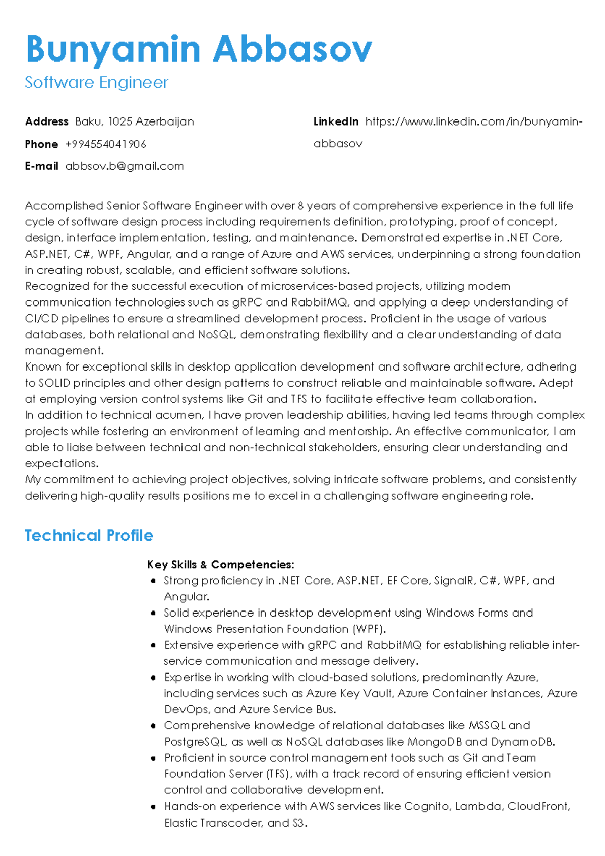 Bunyamin Abbasov - Technical Profile Bunyamin Abbasov Software Engineer ...