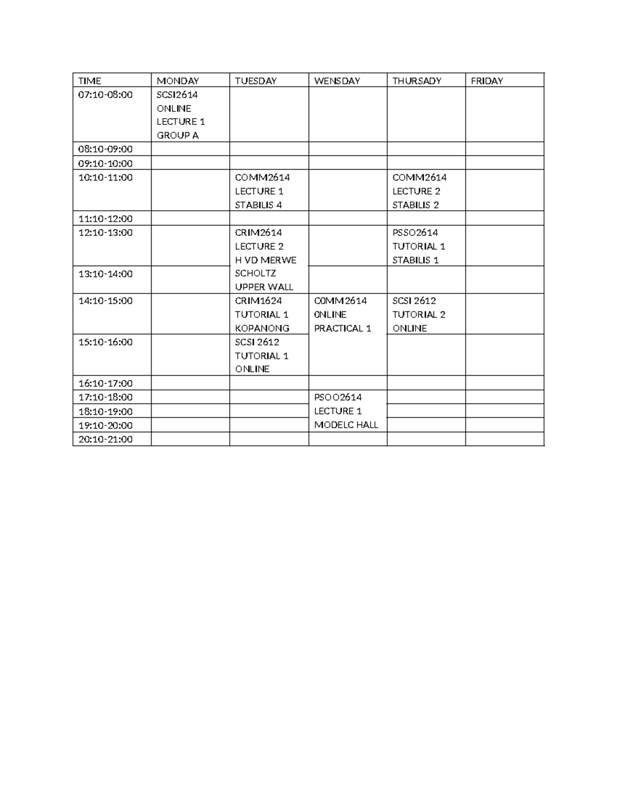TIME Table - TIME MONDAY TUESDAY WENSDAY THURSADY FRIDAY 07:10-08:00 ...