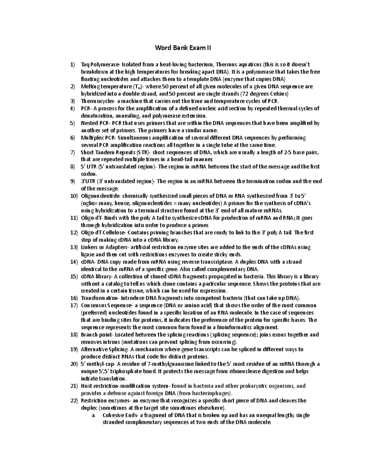 Word Bank Exam II - Lecture notes Mol Bio Test 2 definitions - Word ...