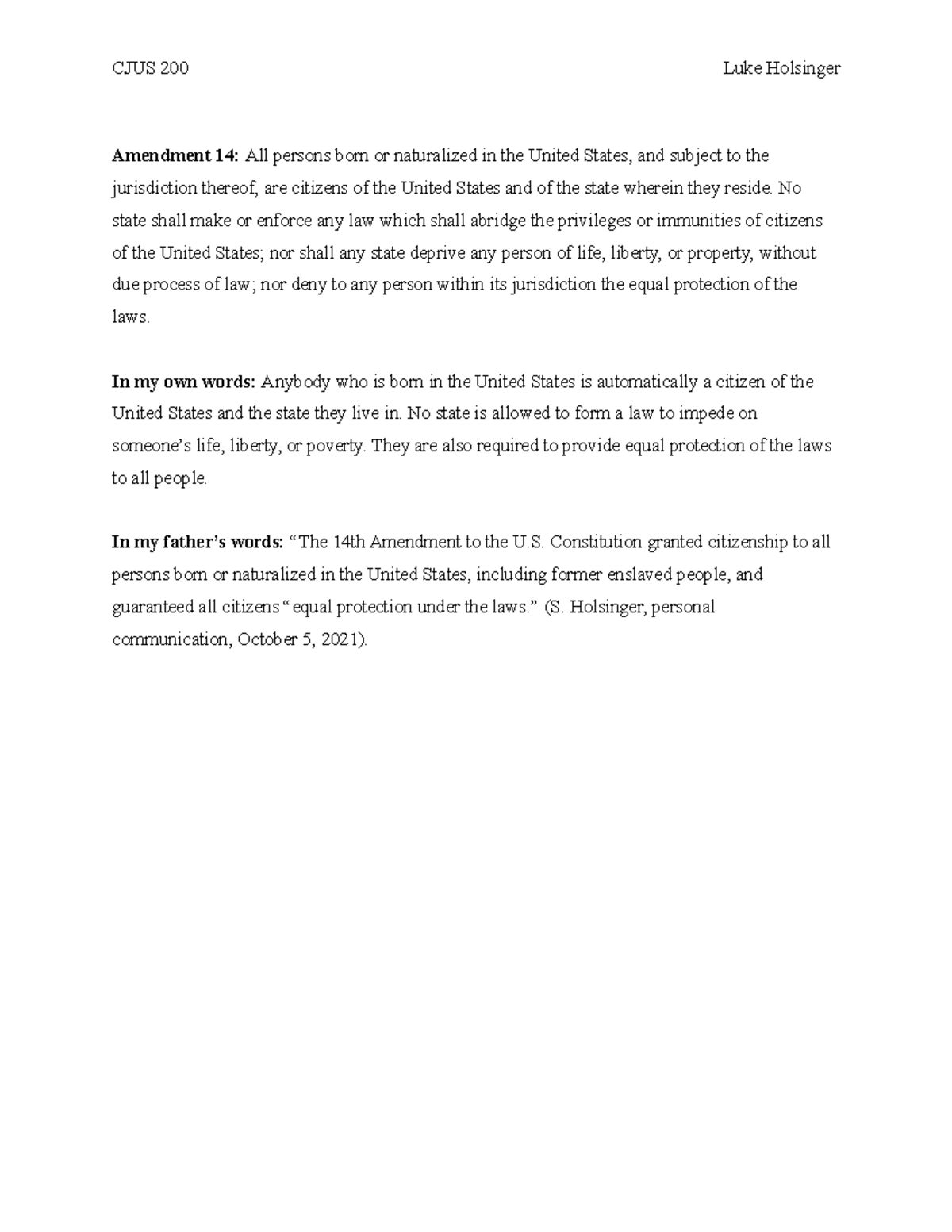 Amendment 14 - assignment - CJUS 200 Luke Holsinger Amendment 14: All ...