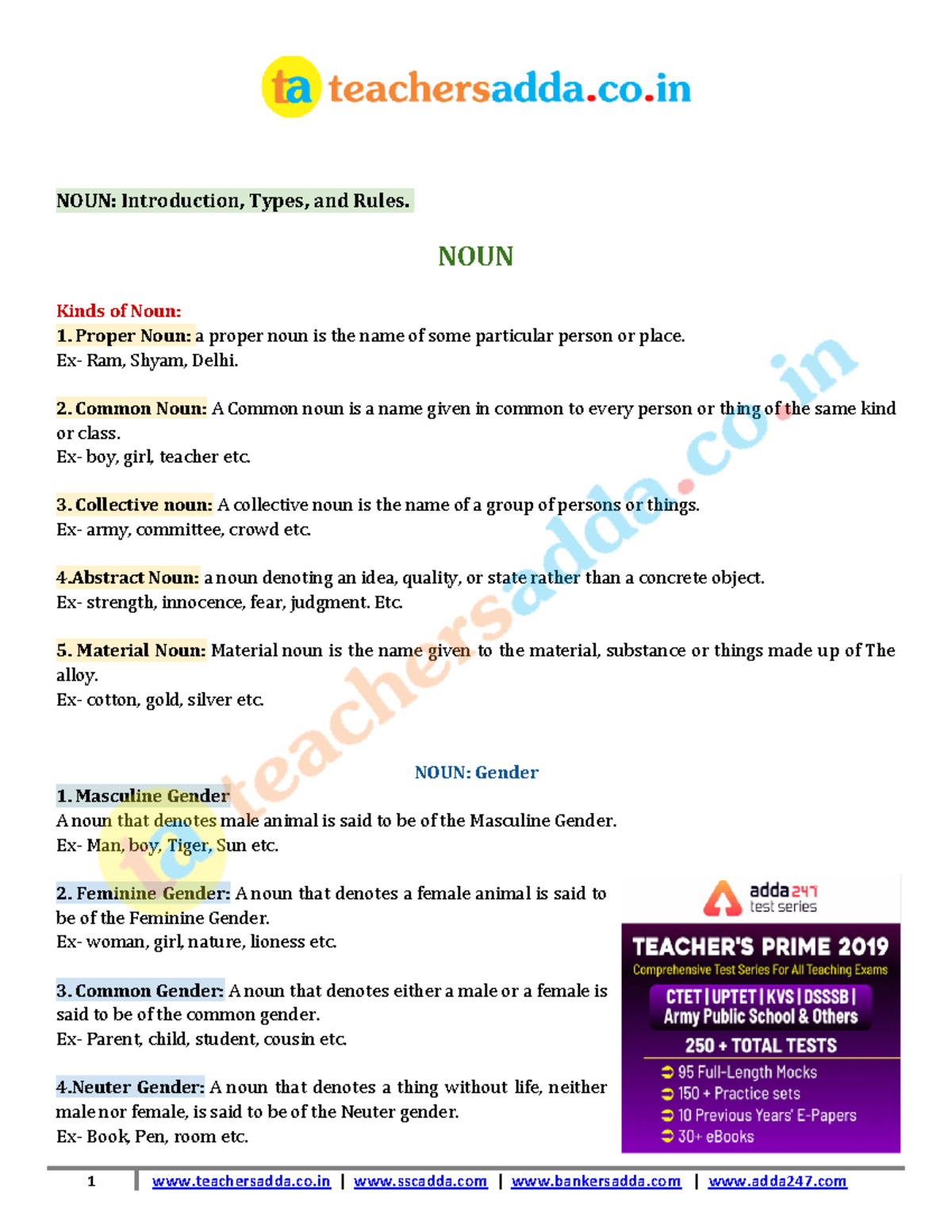 English Notes CTET 2019 1 - NOUN: Introduction, Types, and Rules. NOUN ...