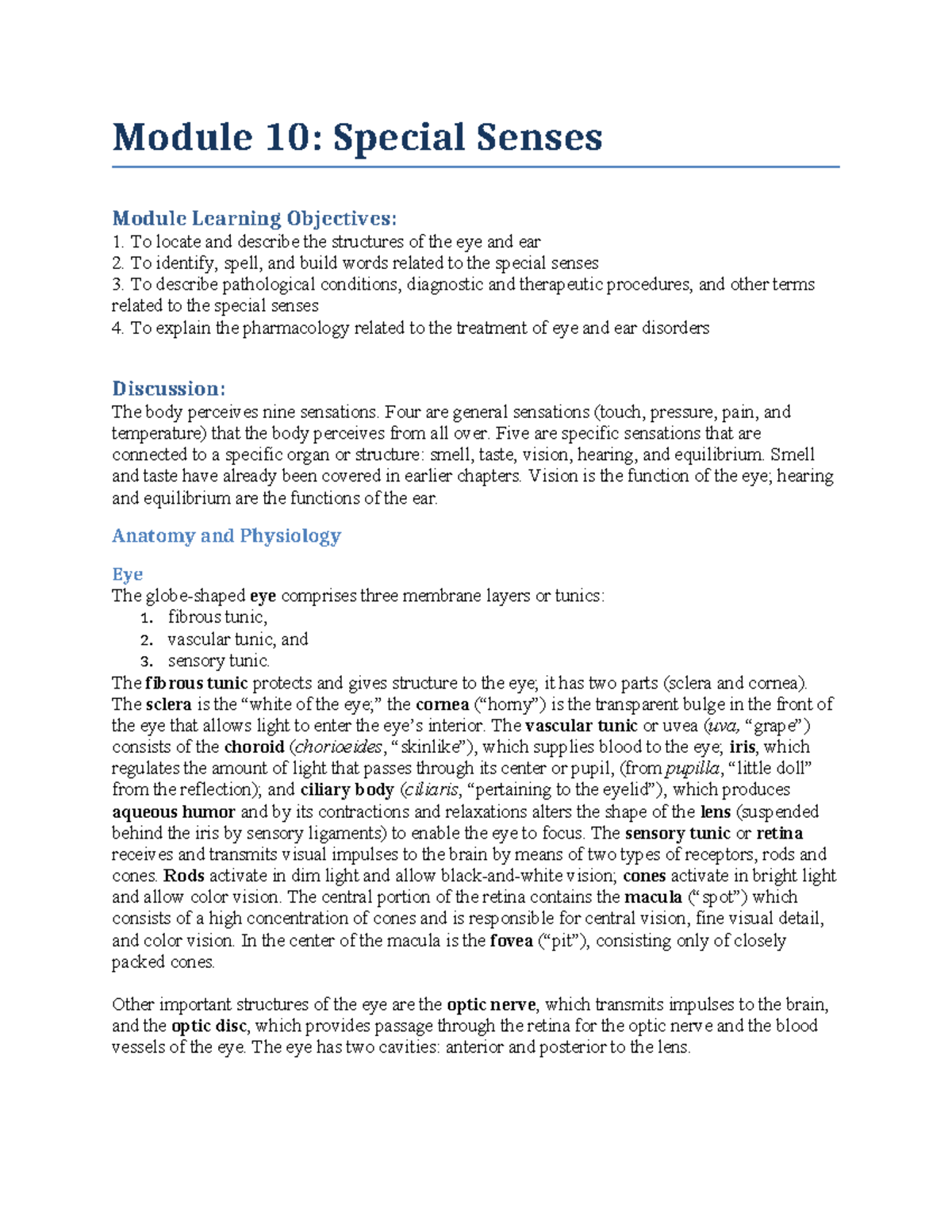 Module 10 Med Terms - Notes - Module 10: Special Senses Module Learning ...