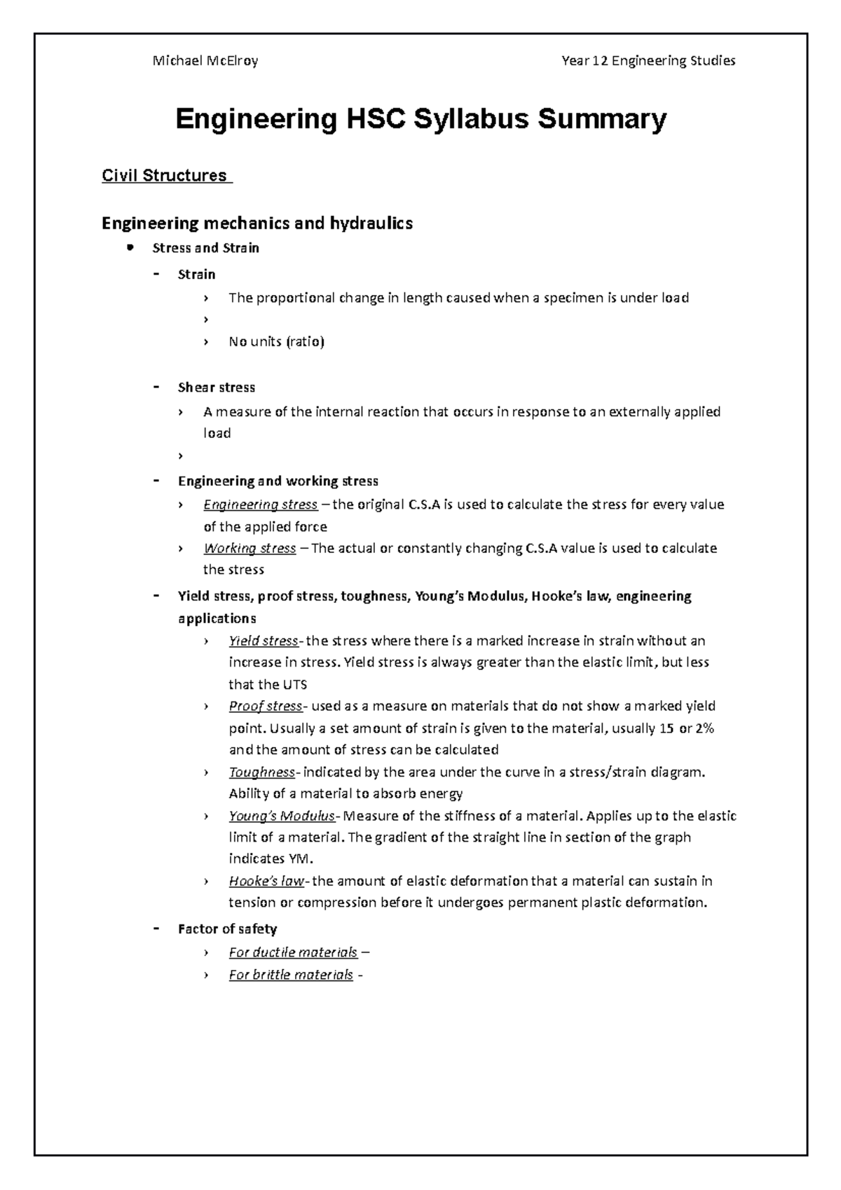 Engineering Studies Notes - Engineering HSC Syllabus Summary Civil ...
