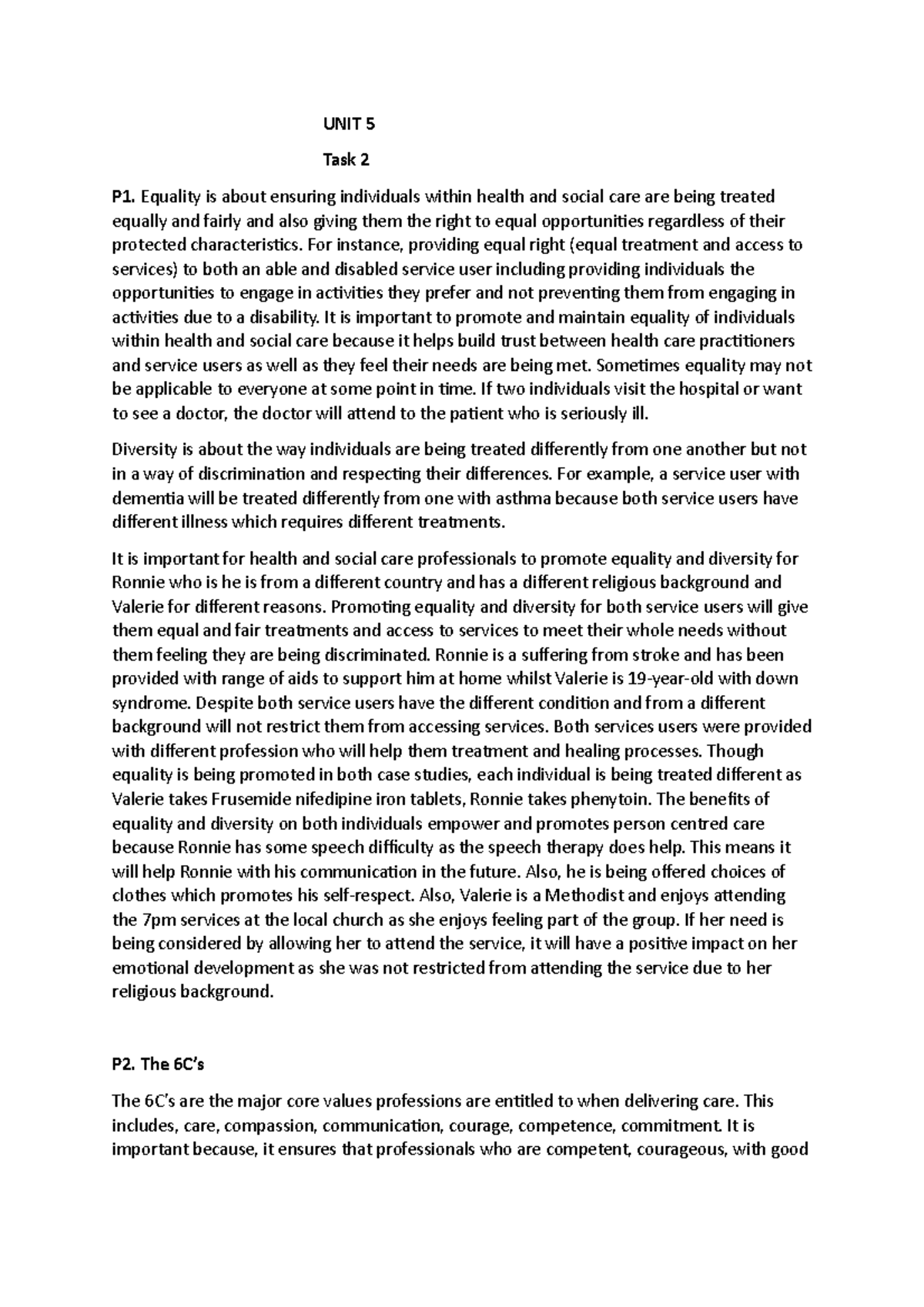 Unit 5 task 1 copy-1 - Work - UNIT 5 Task 2 P1. Equality is about ensuring individuals within ...