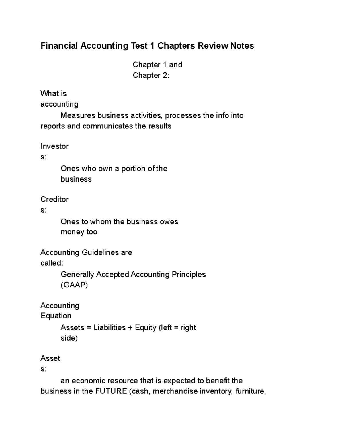 Financial Account Ch 1 5 Notes Financial Accounting Test 1 Chapters
