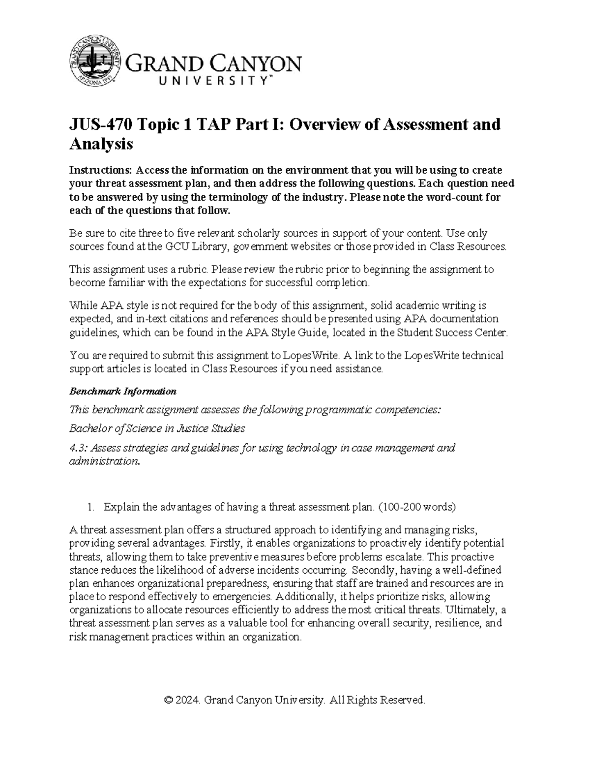 JUS-470 T1 Overview of Assessment and Analysis - Johnell W - JUS-470 Topic 1 TAP Part I ...