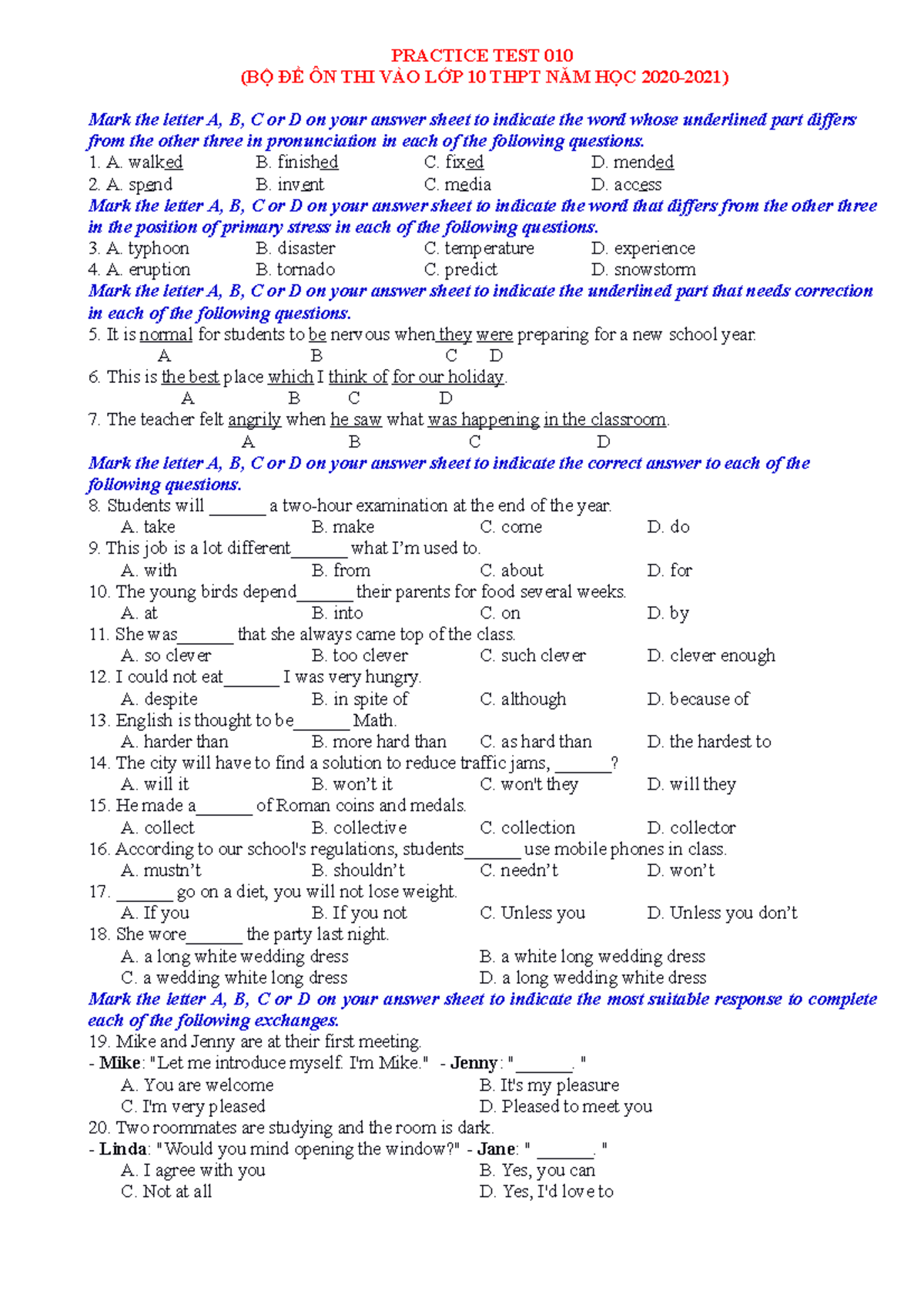10. Practice TEST 010 - Assignments - PRACTICE TEST 010 (BỘ ĐỀ ÔN THI ...