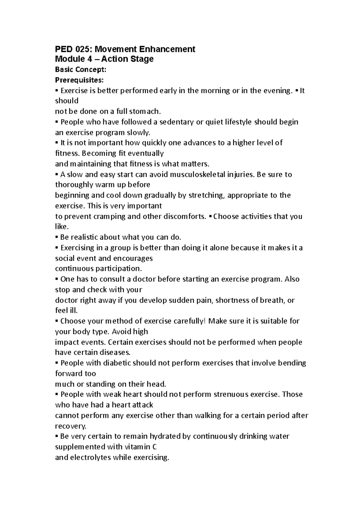 PED 025 Module 4 - PED 025: Movement Enhancement Module 4 – Action Stage Basic Concept: - Studocu