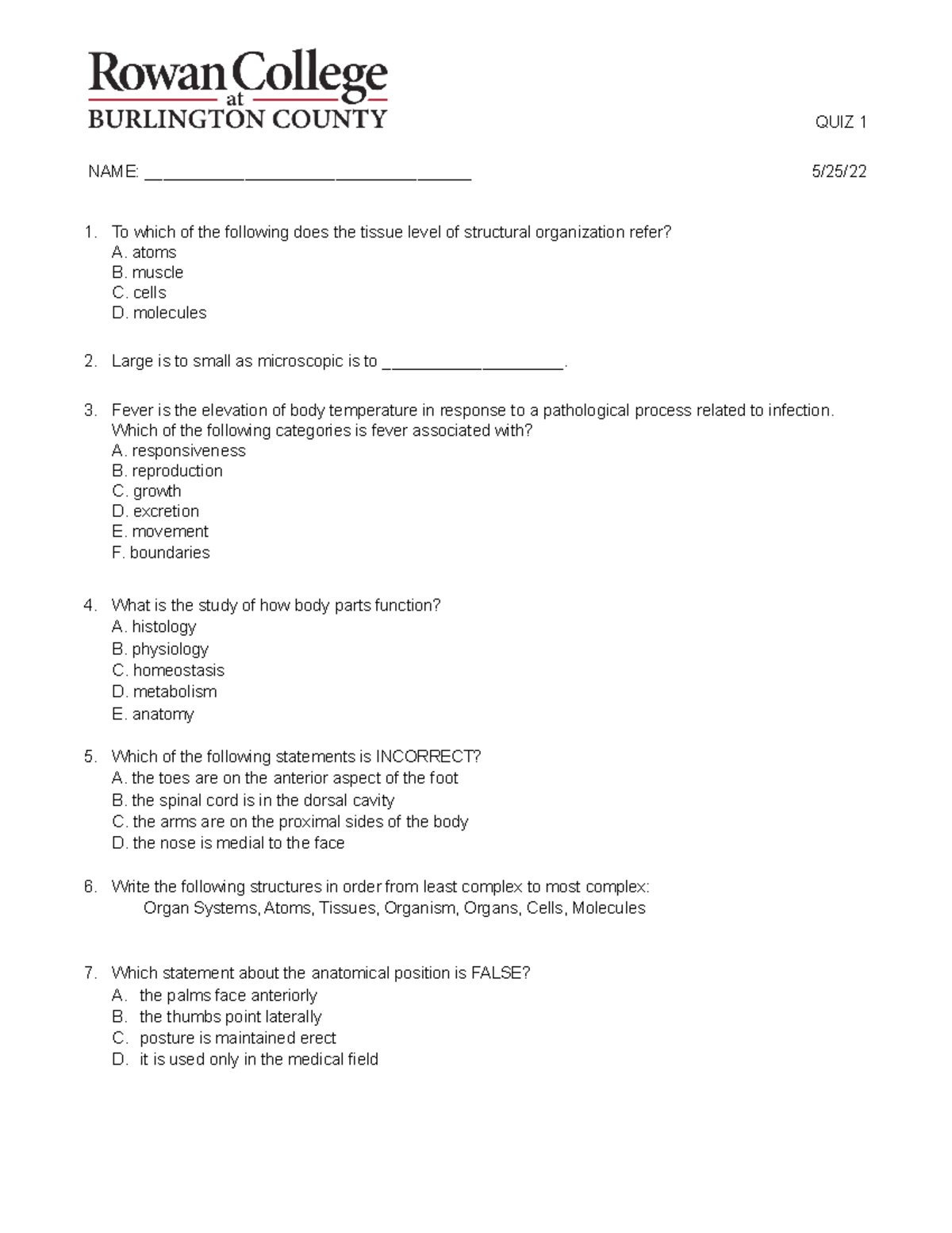 Intro to Anatomy Quiz - quiz - QUIZ 1 NAME ...