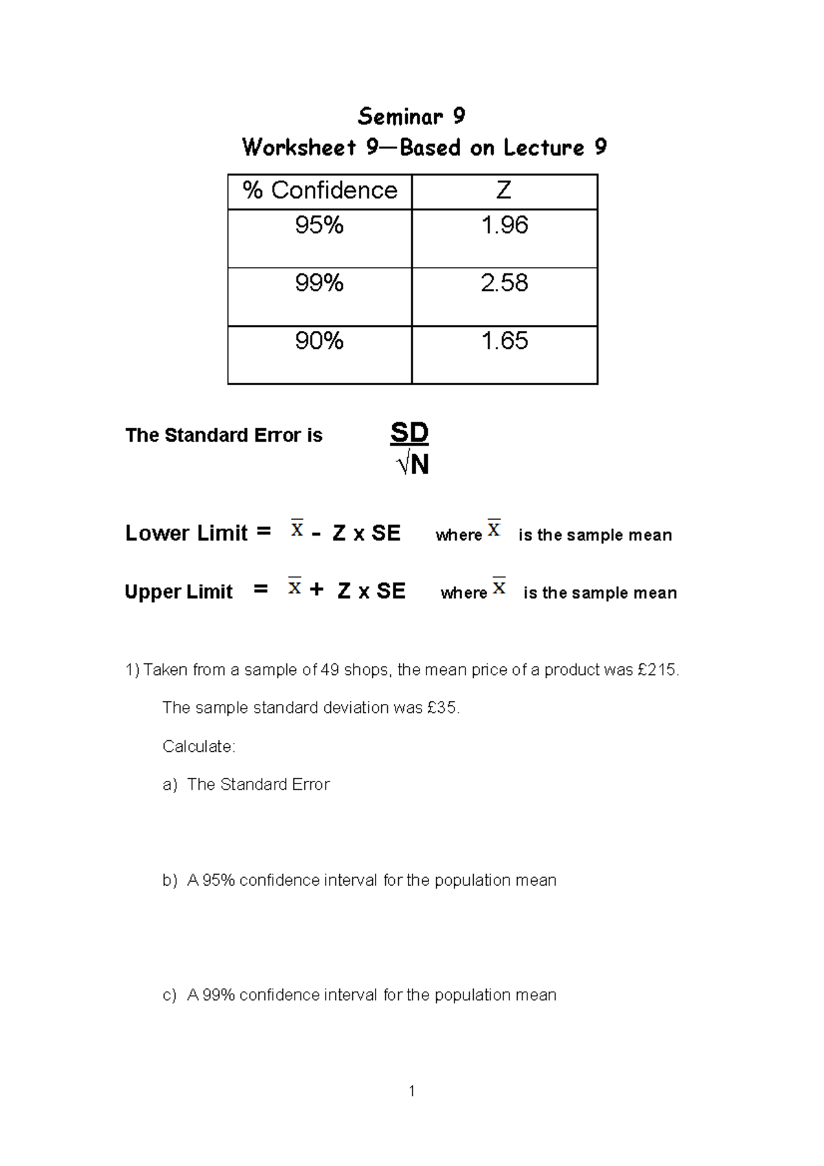 Seminar 9 - Worksheet 9—Based on Lecture 9 ( Standard Error) - Seminar ...