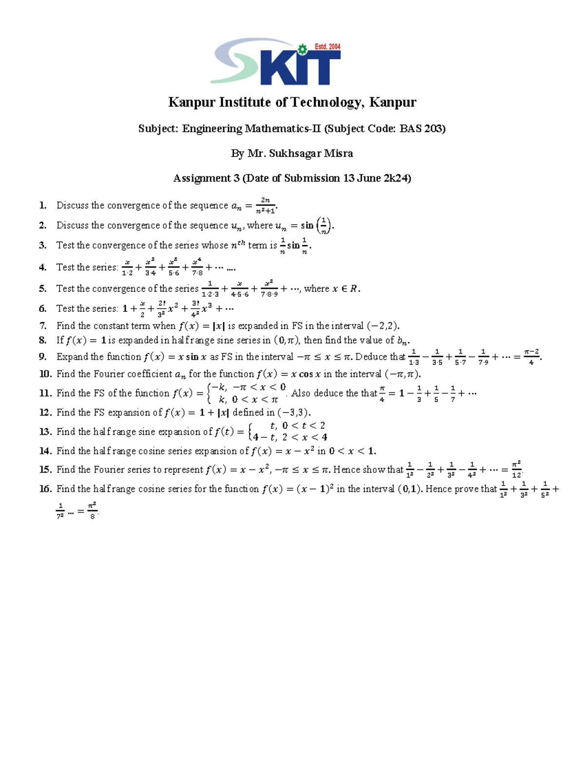 Assignment 3-4 - practice set - Kanpur Institute of Technology, Kanpur ...