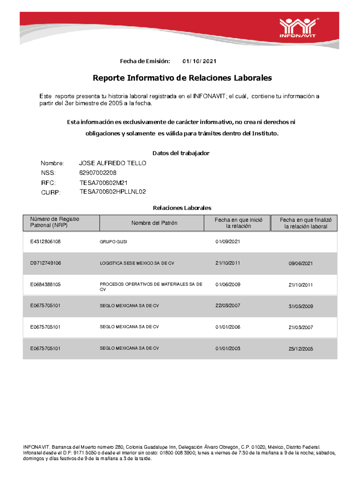 Infonavit - conceptos basicos de venta - Fecha de Emisión: Reporte ...