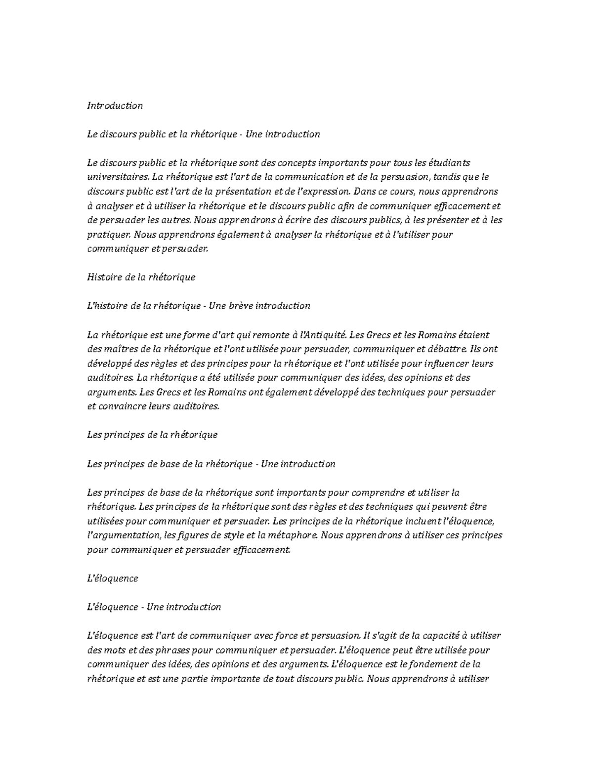 Public Speaking and Rhetoric Notes de cours - Introduction Le discours ...