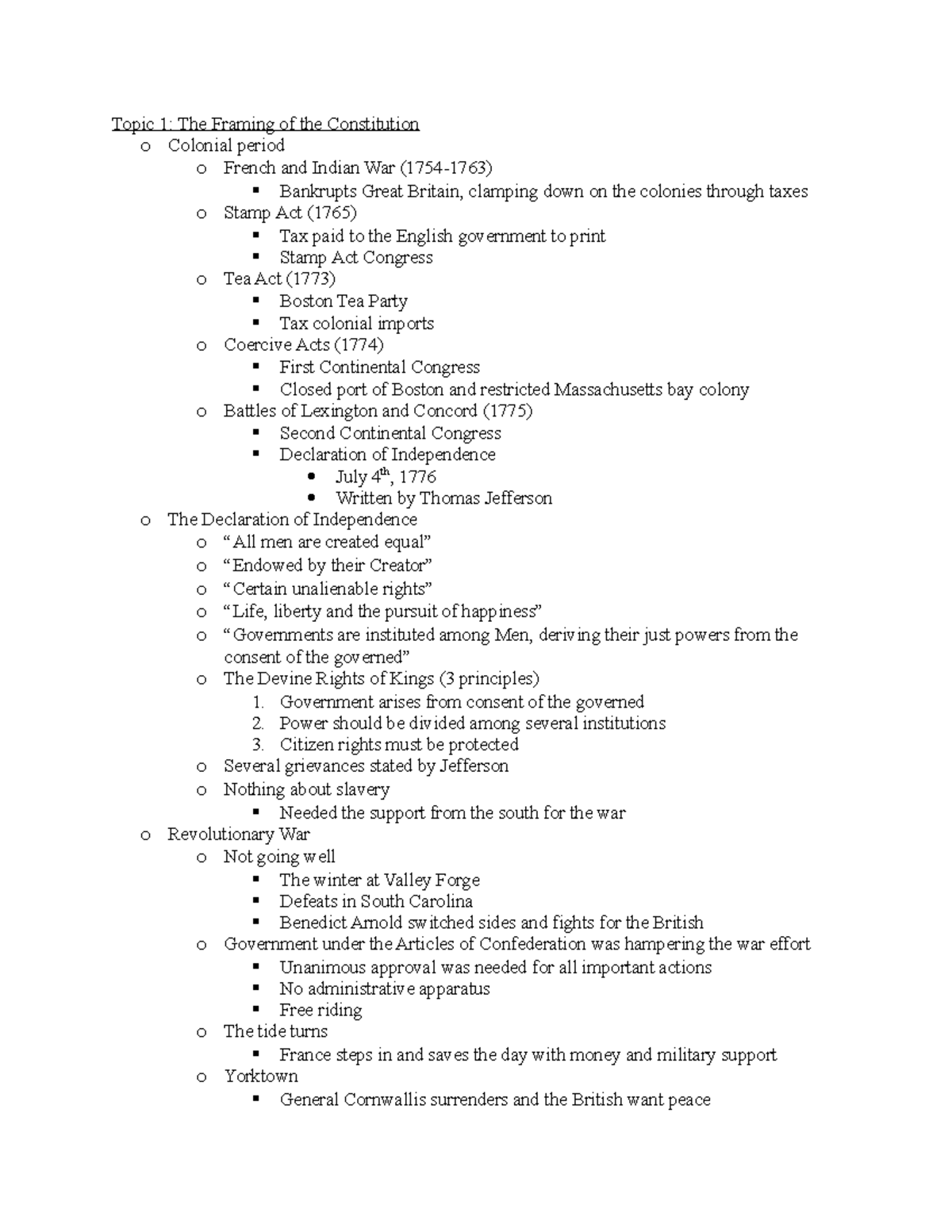 POSC 225- Topic 1 Notes: The Framing of the Constitution - Topic 1: The ...