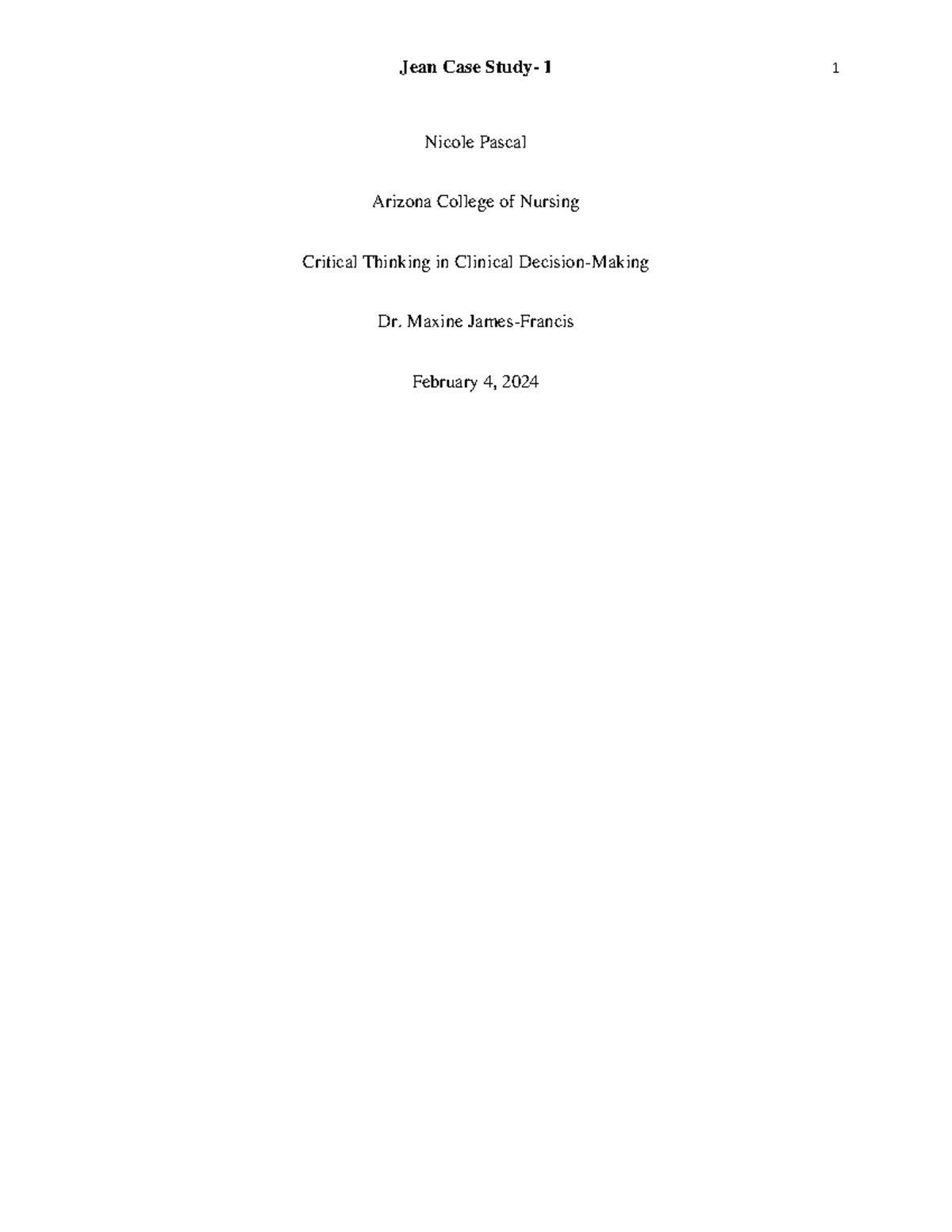 Jean study case actitvity 1 - Jean Case Study- 1 1 Nicole Pascal ...