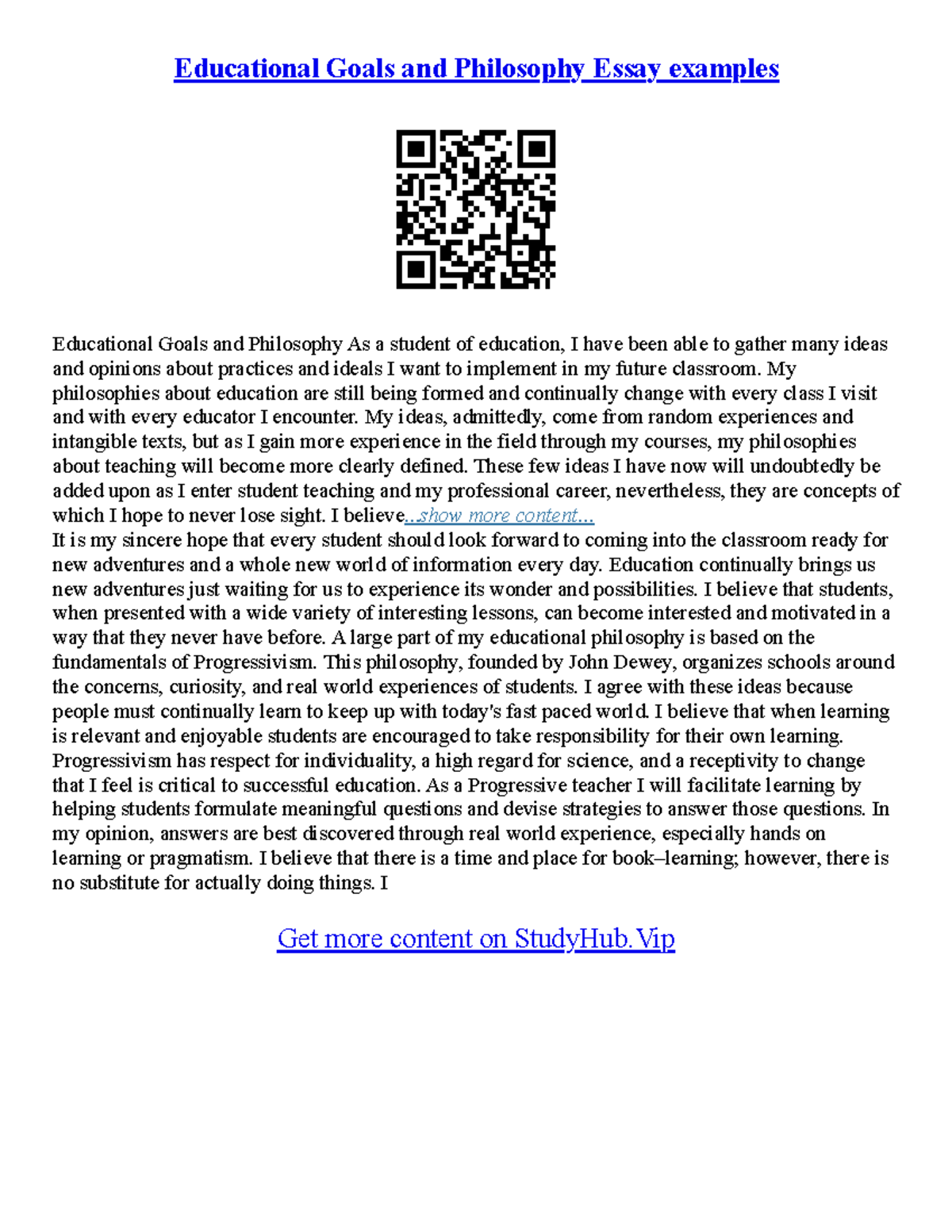 Philosophy Essay Sample - Educational Goals and Philosophy Essay ...