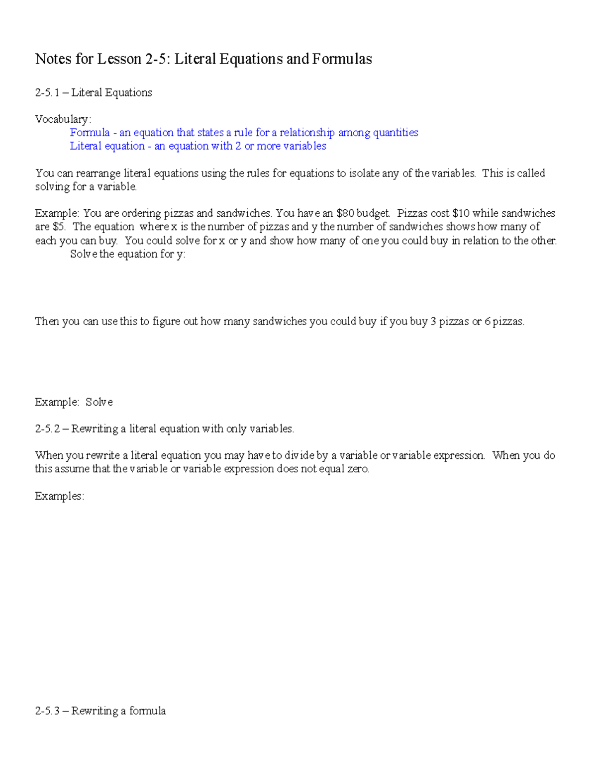 Lesson-2-5 College Algebra - Notes for Lesson 2-5: Literal Equations ...