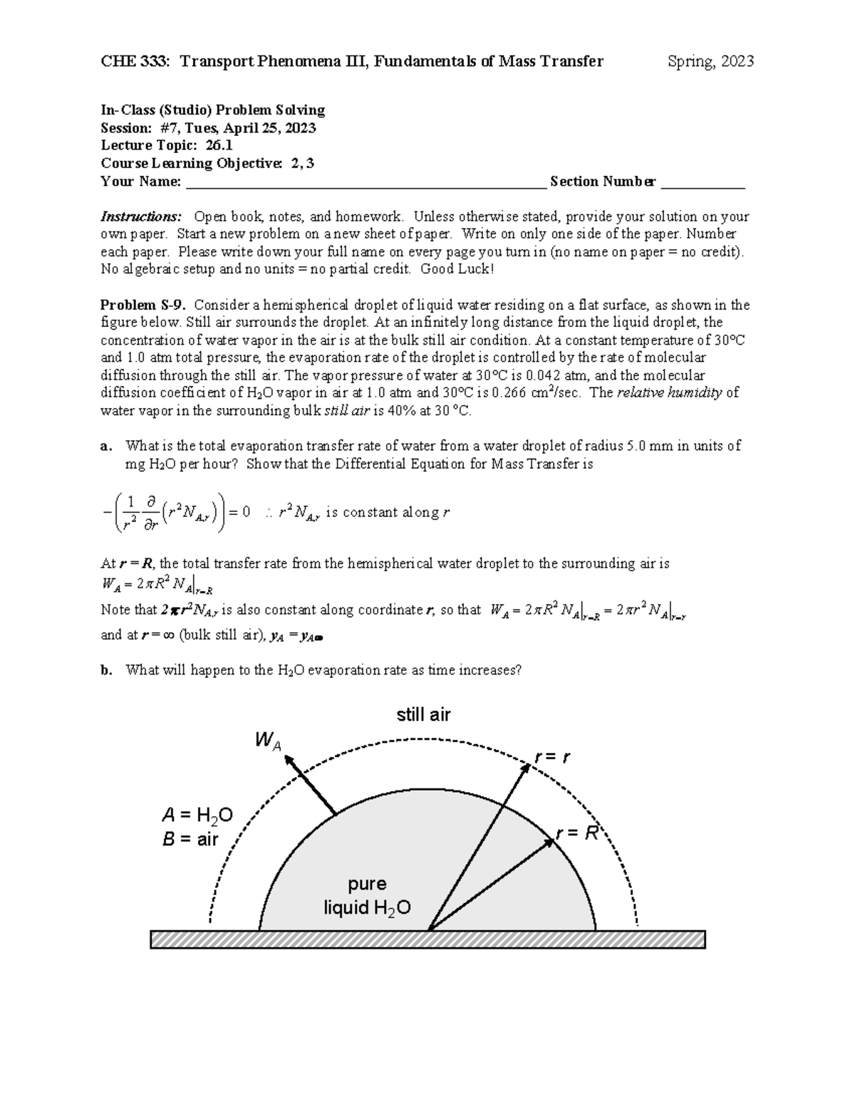 CHE 333 Studio #7 Problems 4-25-23 - CHE 333: Transport Phenomena III ...