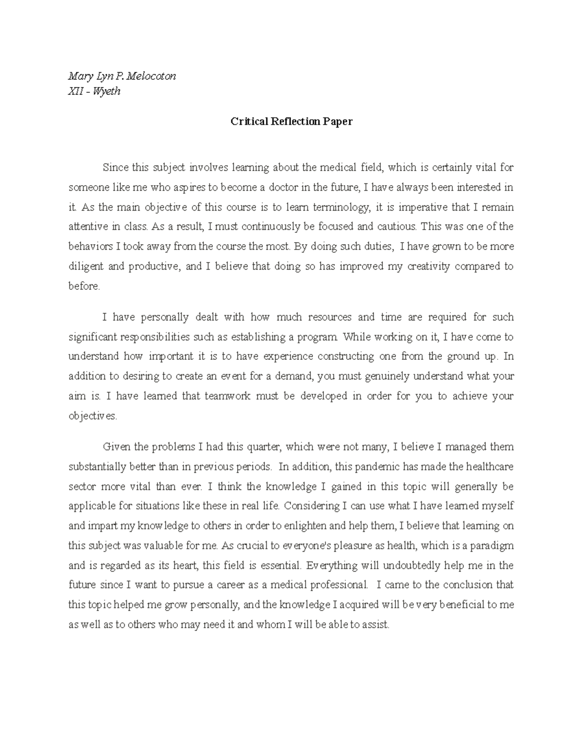 4th Quarter Critical Reflection - Mary Lyn P. Melocoton XII - Wyeth ...