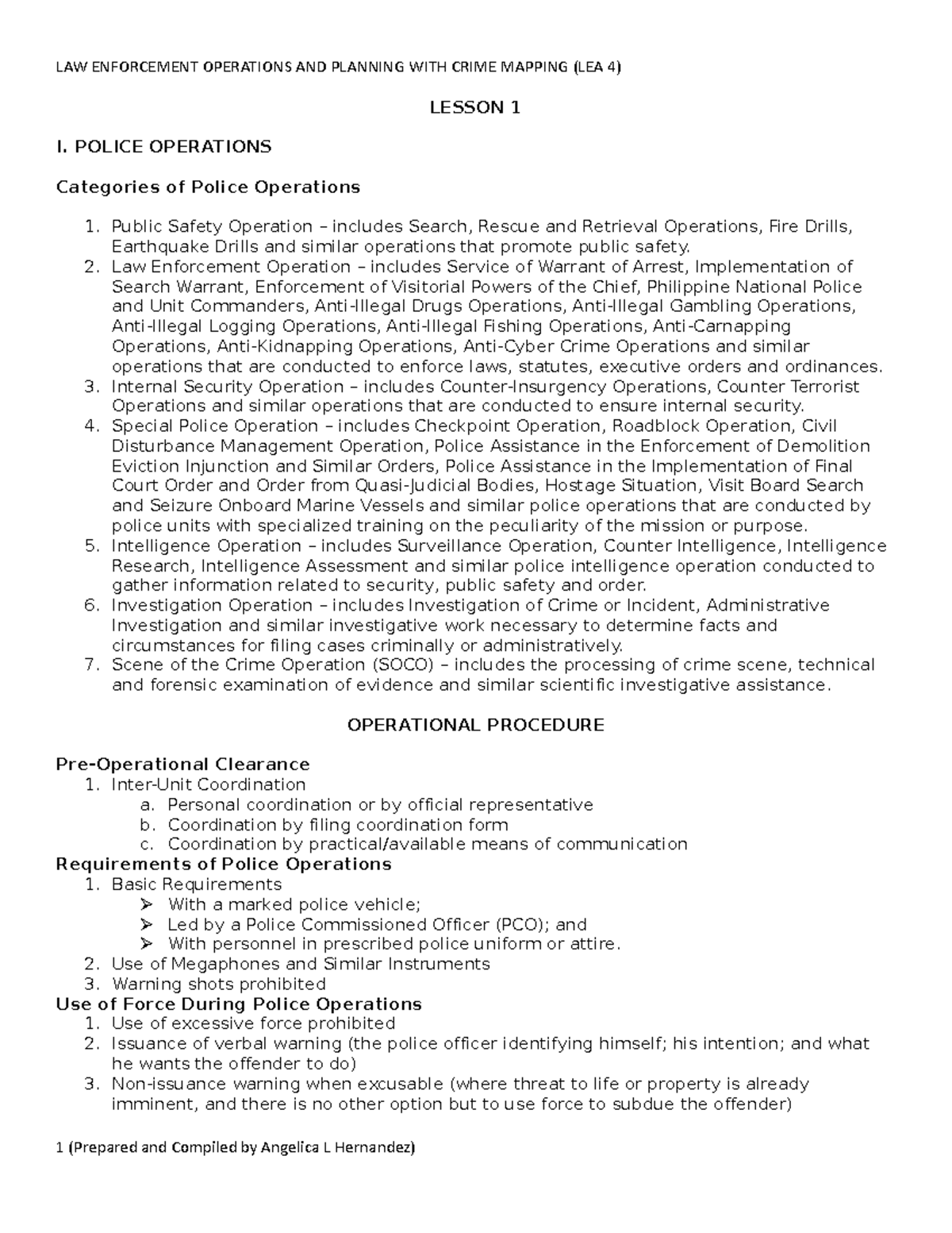 LEA 4 Lesson 1 - LESSON 1 I. POLICE OPERATIONS Categories of Police ...