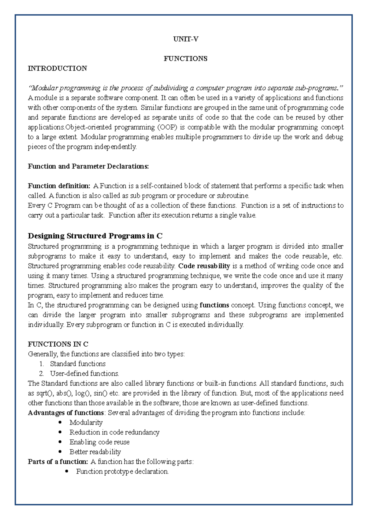 Complete functions notes - UNIT-V FUNCTIONS INTRODUCTION “Modular ...