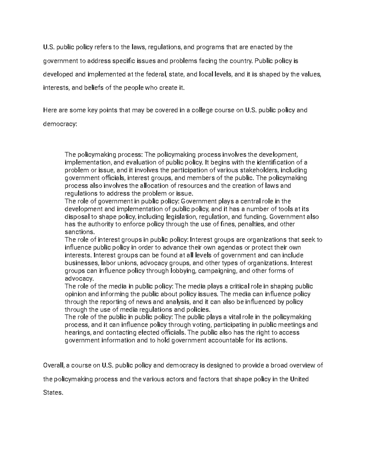 Letter 8 - notes - U. public policy refers to the laws, regulations ...