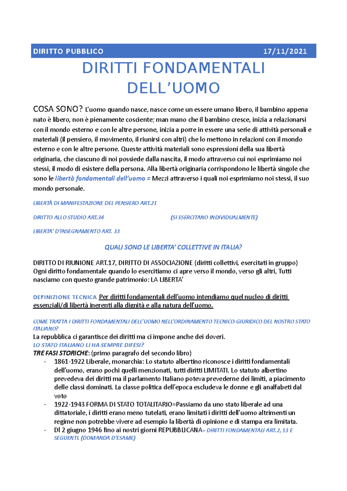 Diritti fondamentali dell'uomo - DIRITTO PUBBLICO 17/11/ DIRITTI ...