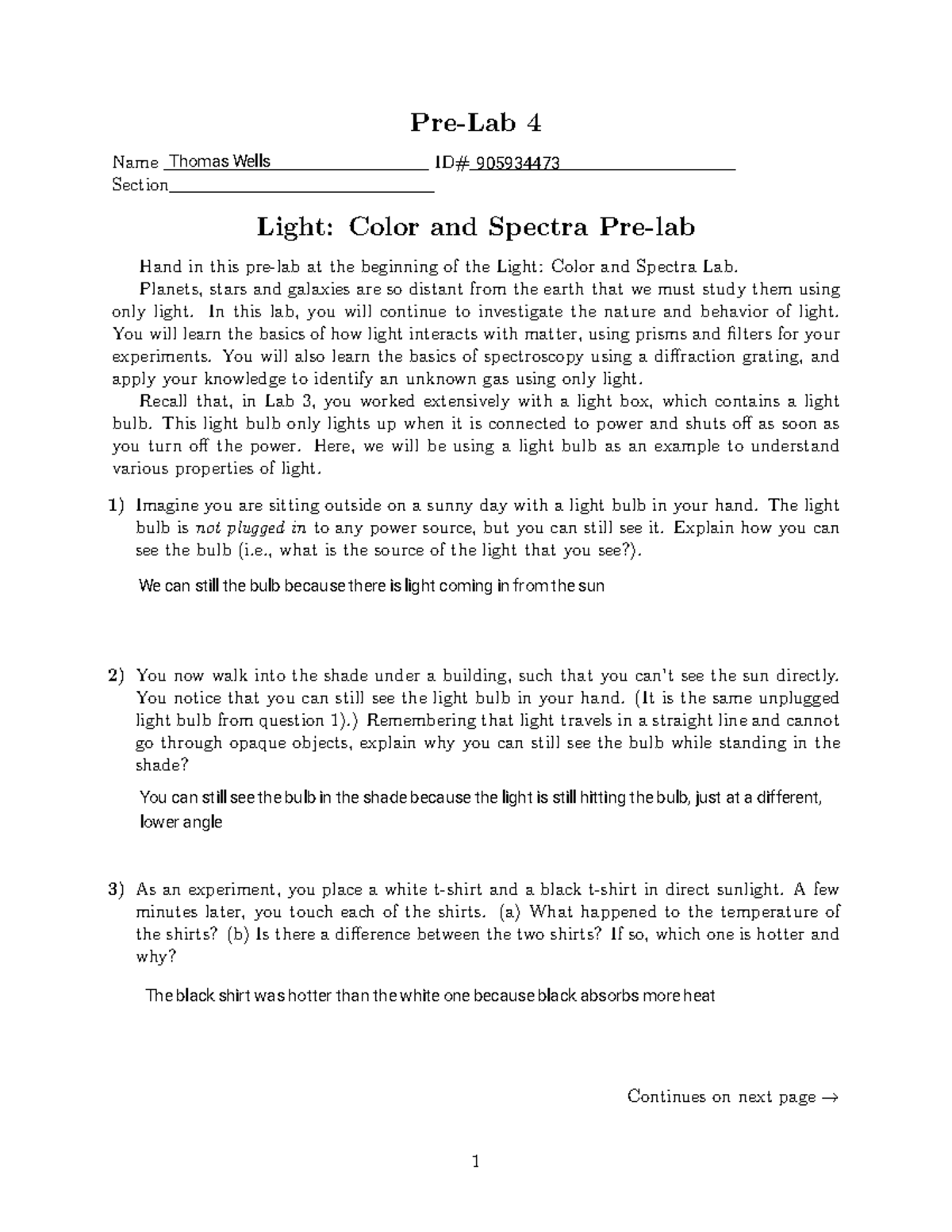 Kami Export - Pre-lab4 - Pre-lab 4 - Pre-Lab 4 Name ID# Section Light: Color and Spectra Pre-lab ...