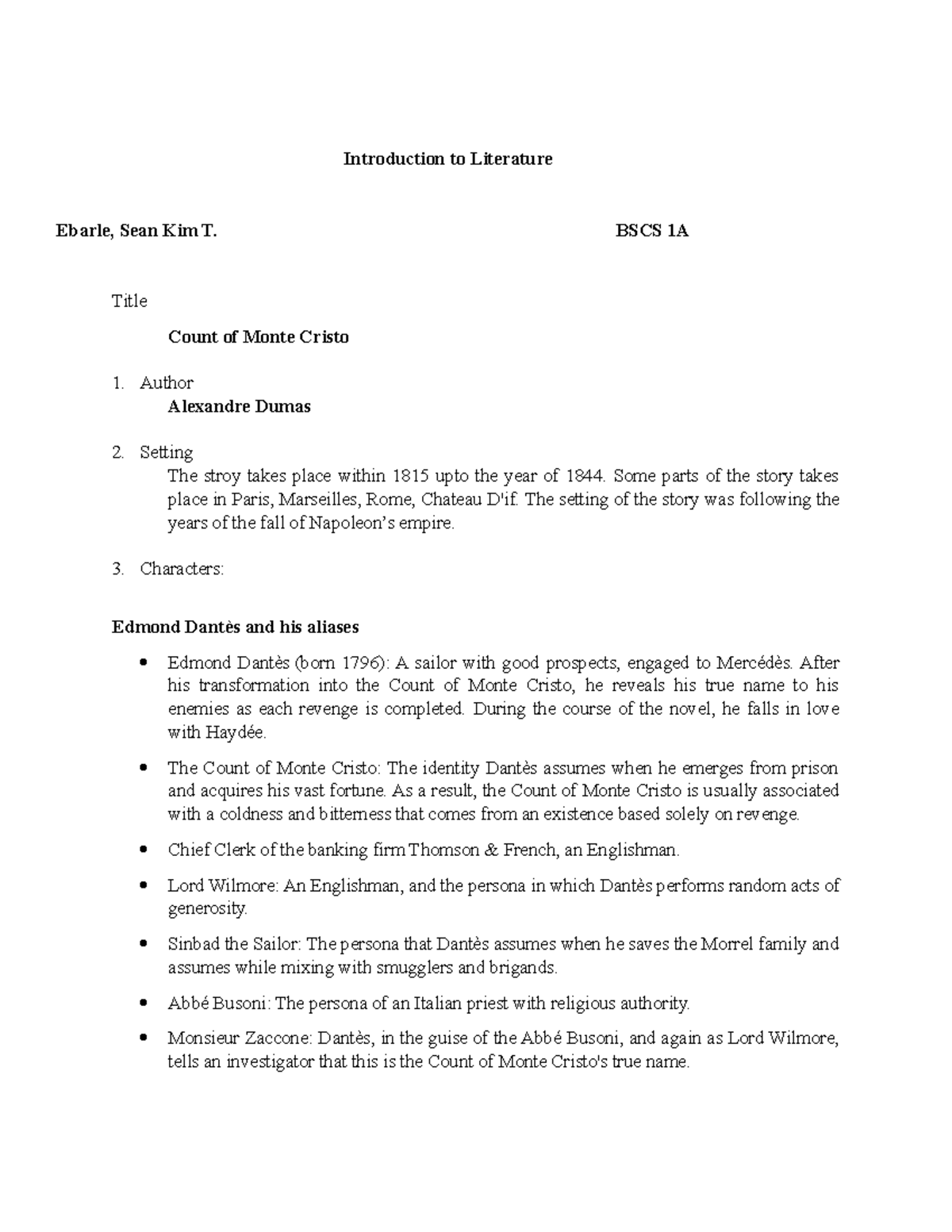 Count of Monte Cristo - Introduction to Literature Ebarle, Sean Kim T ...