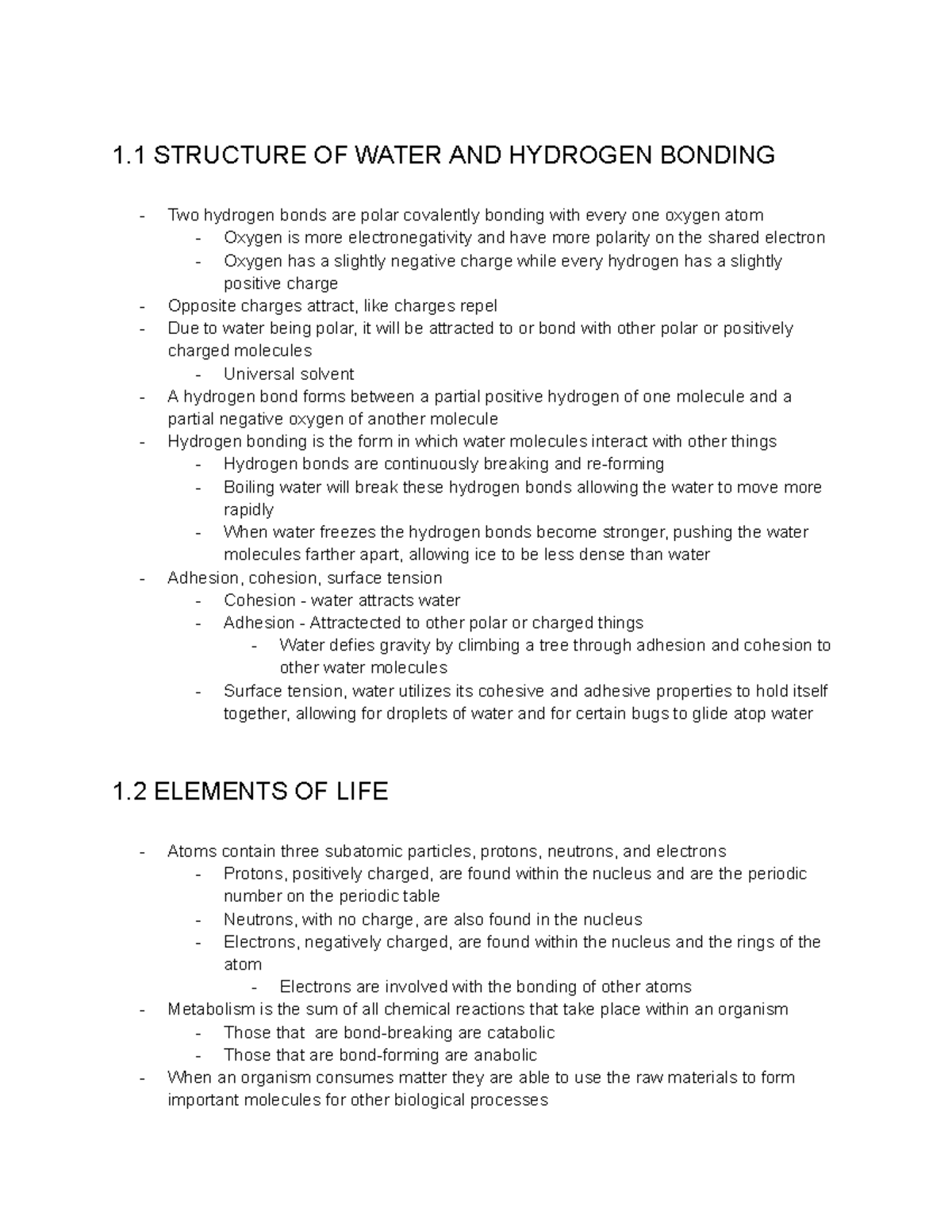 UNIT 1 CHEM OF LIFE - Notes on Unit 1 of AP biology. Cuts off before ...