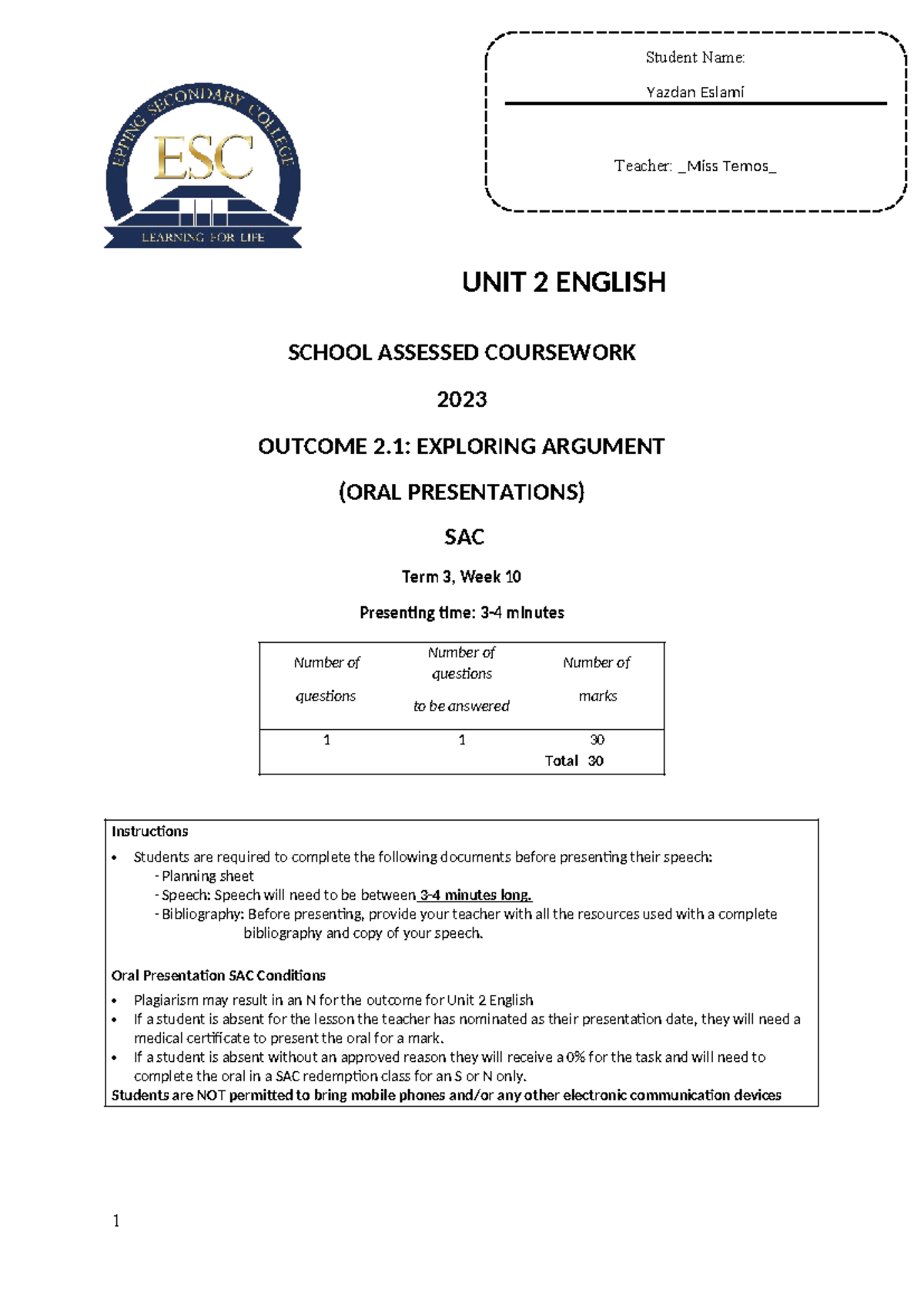 1. U2 Aos2 Exploring Argument - Oral Presentation (SAC) - UNIT 2 ...