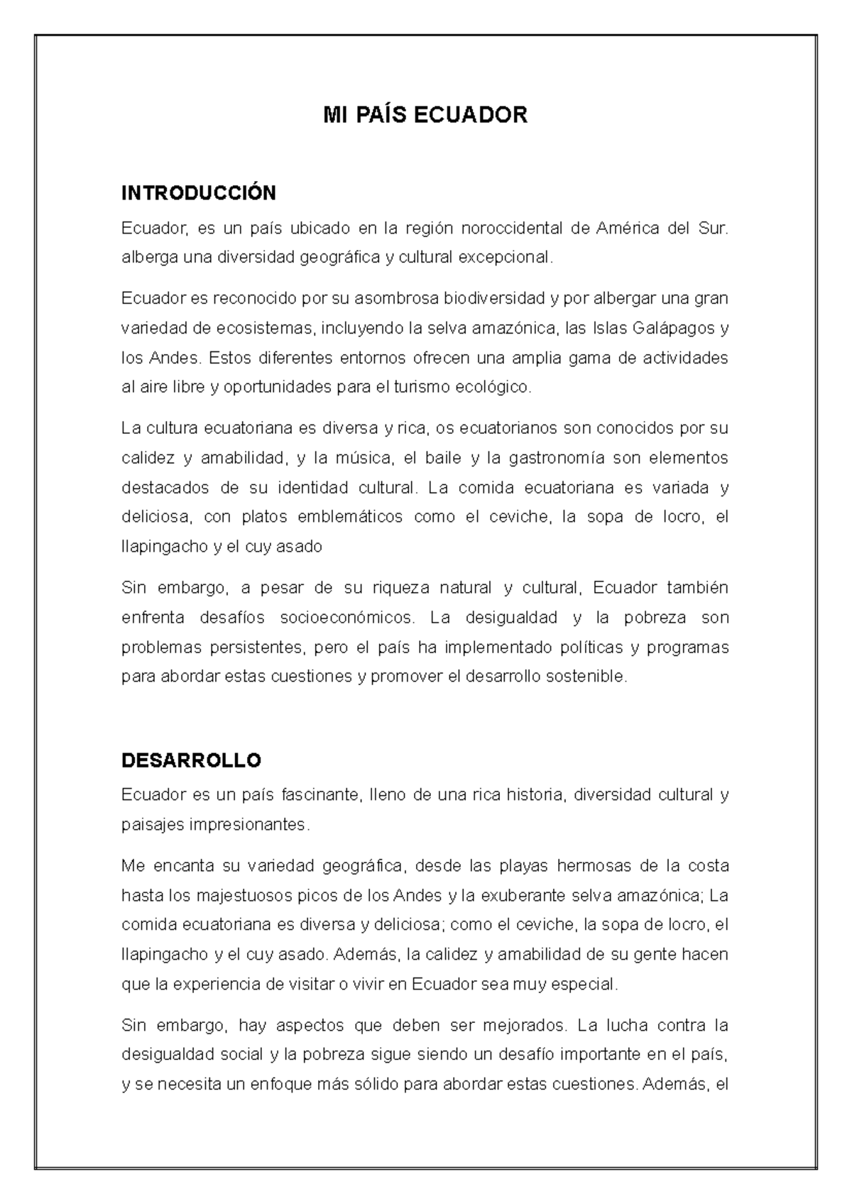 Ensayo mi pais - MI PAÍS ECUADOR INTRODUCCIÓN Ecuador, es un país ...