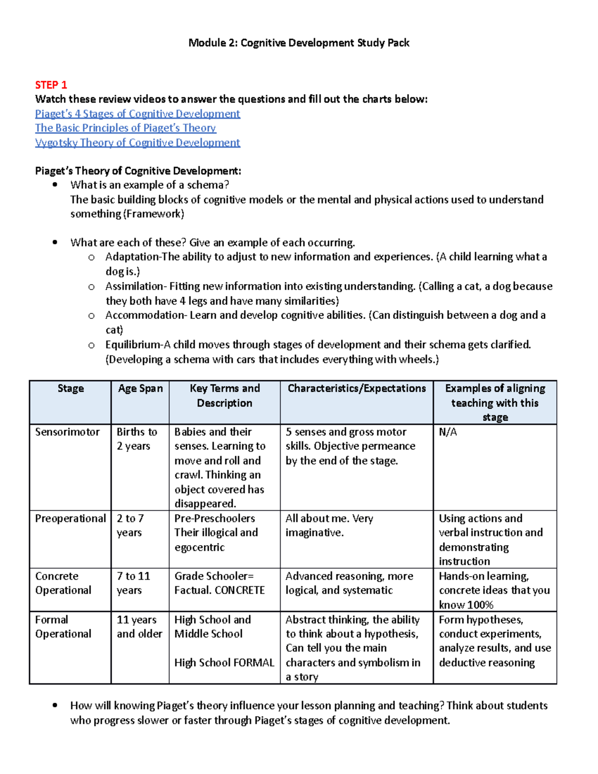 Module 2 - Module 2: Cognitive Development Study Pack STEP 1 Watch ...