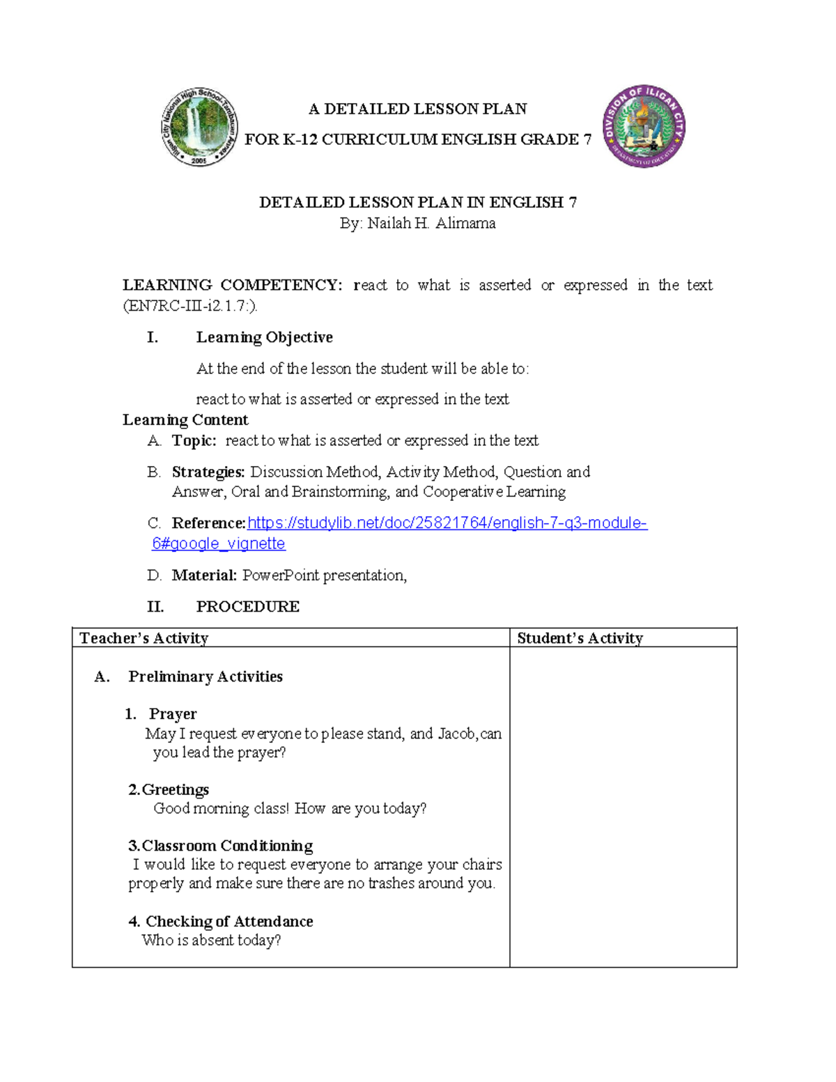 A Detailed Lesson PLAN - A DETAILED LESSON PLAN FOR K-12 CURRICULUM ...