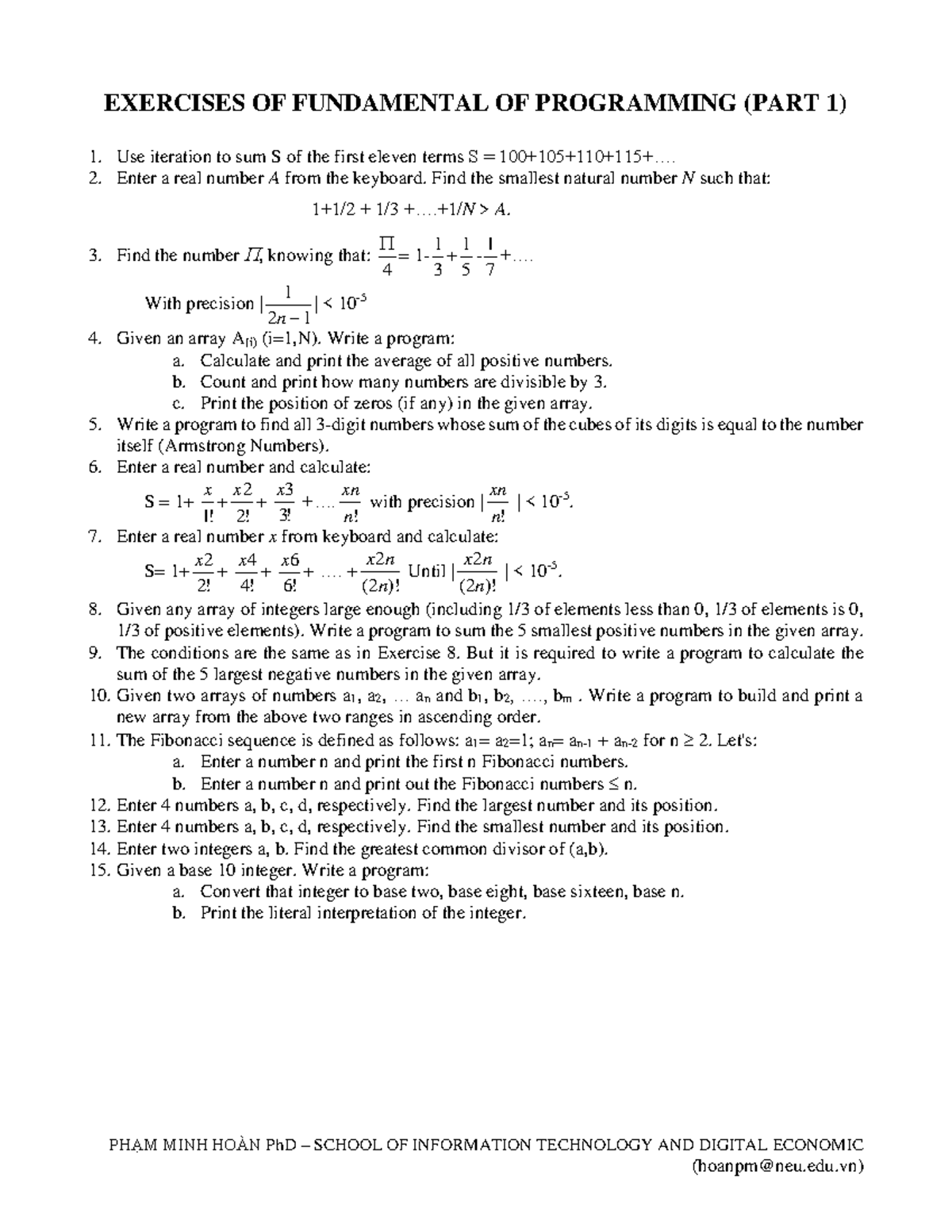 Exercises Of Fundamental Of Programming Part 1 PhẠm Minh HoÀn Phd School Of Information