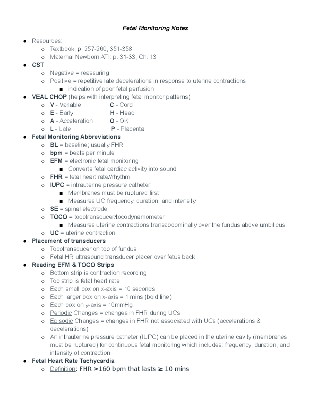 Fetal Monitoring - 257-260, 351- Maternal Newborn ATI: p. 31-33, Ch. 13 ...