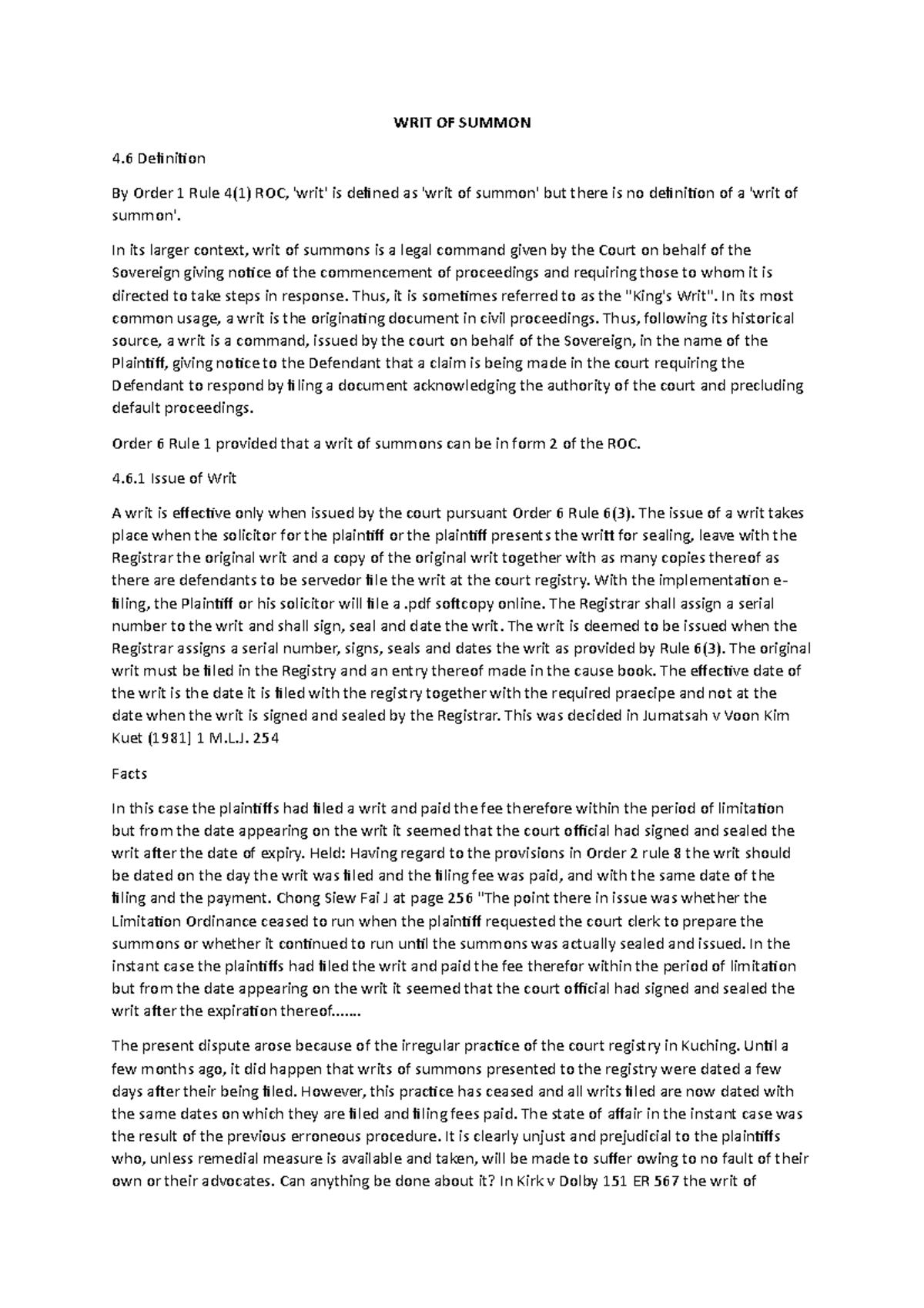 WRIT OF Summon Notes - Dah submit my doc lah, give me my wanted doc ...